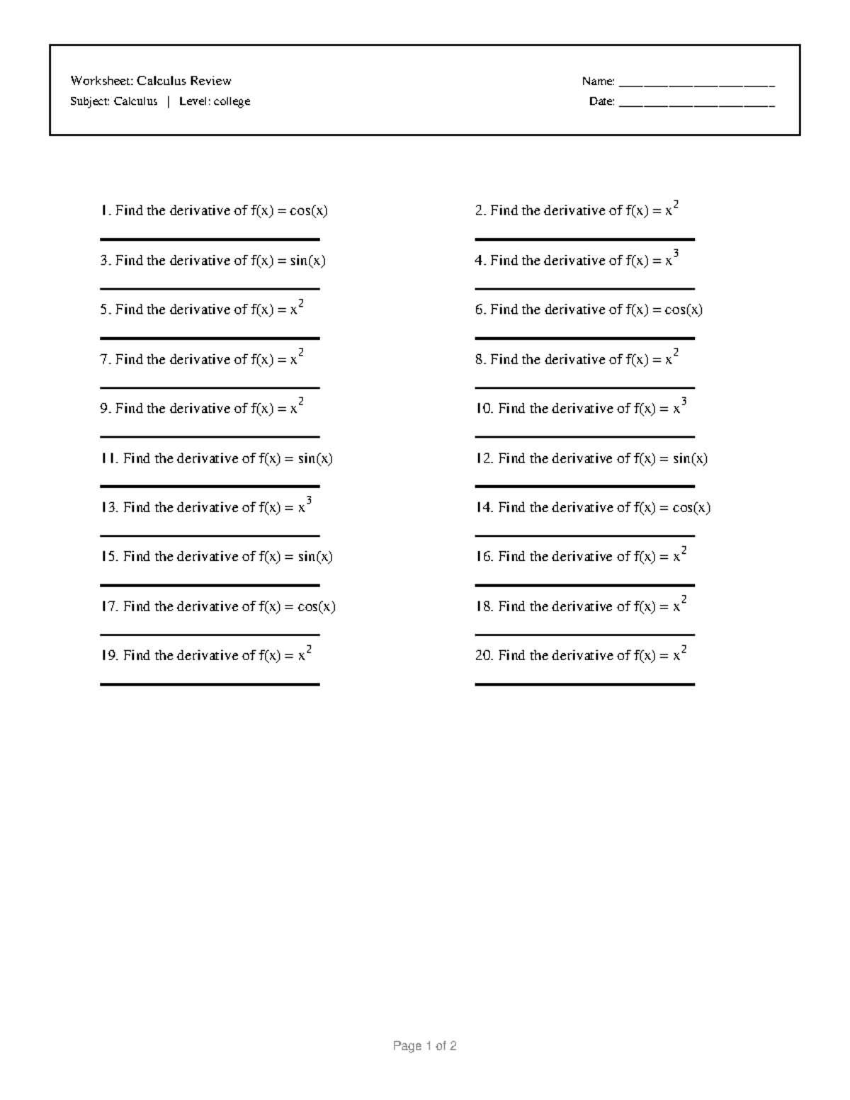 Calculus Review Worksheet: Derivatives Practice (Calc 101) - Studocu