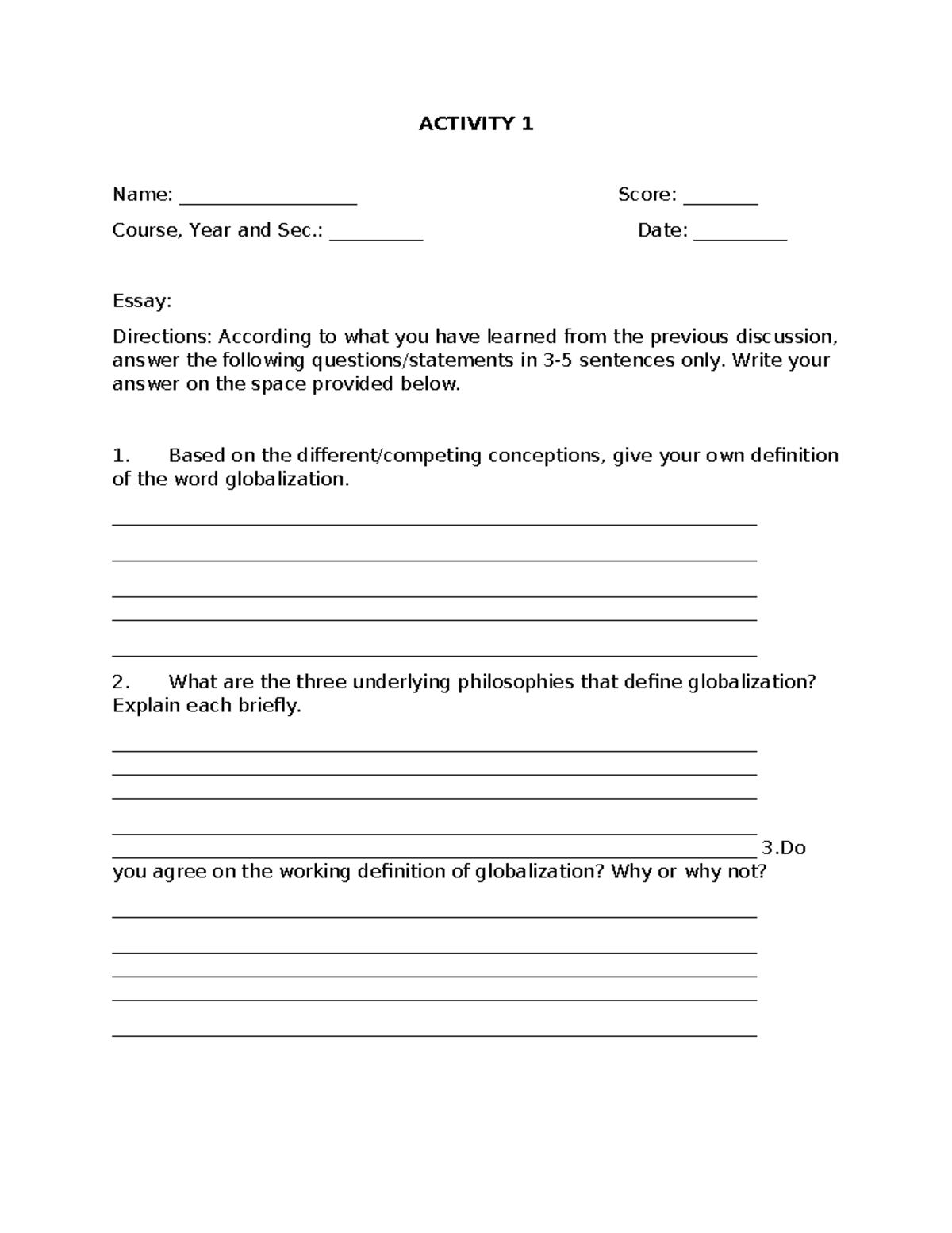 ACTIVITY 1: Understanding Globalization Concepts - Contep - Studocu