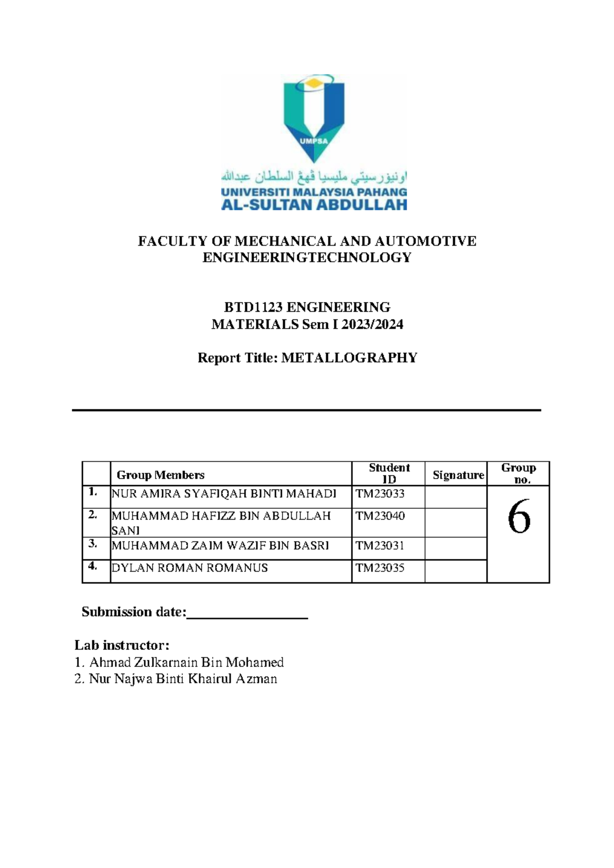 Metallography Analysis Report for BTD1123 Engineering Materials - Studocu
