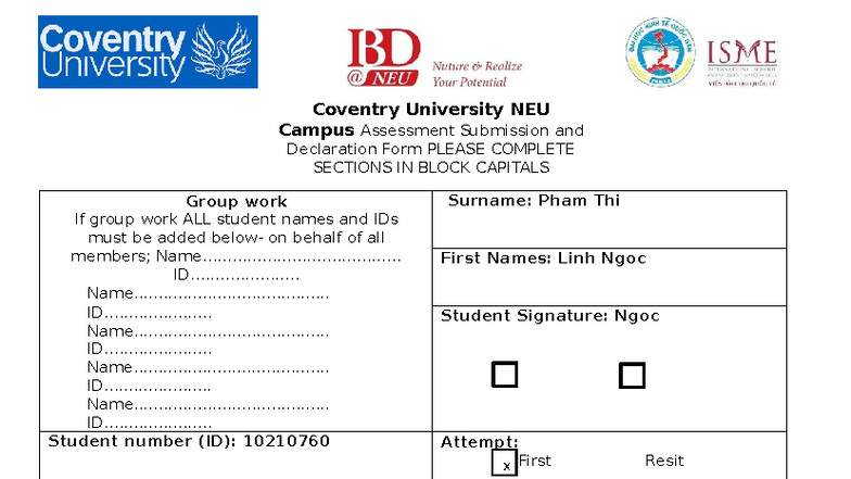Coventry University NEU A300CAW Group Assessment Submission Form - Studocu