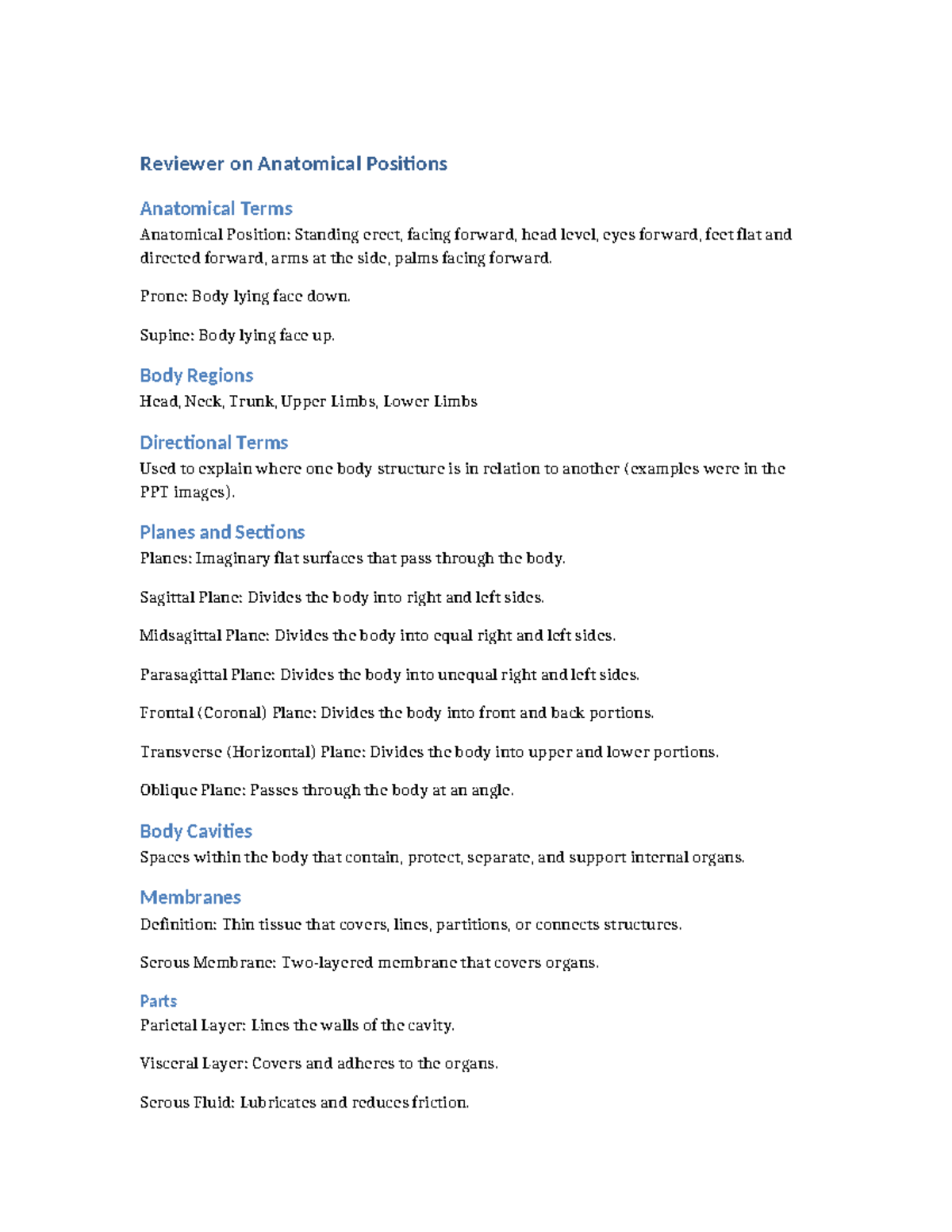 Anatomical Positions Review: Key Terms & Concepts - Studocu