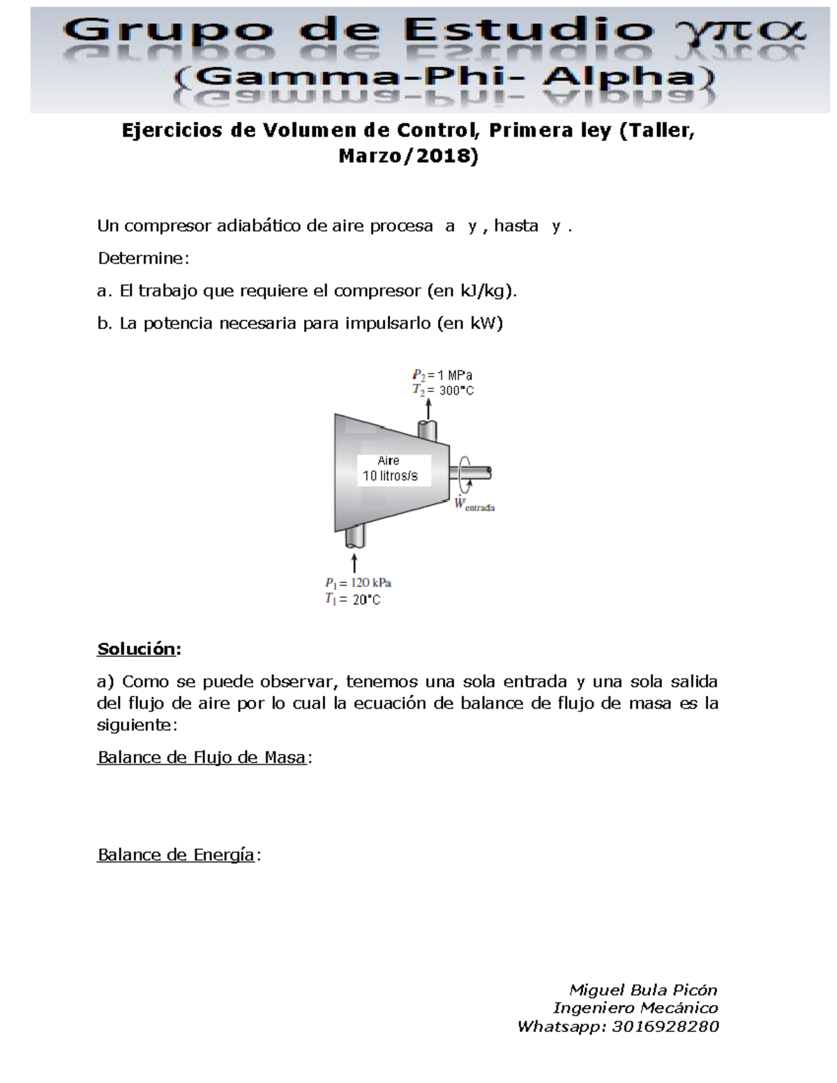 Ejercicios de Volumen de Control: Primera Ley (Taller, Mar 2018) - Studocu