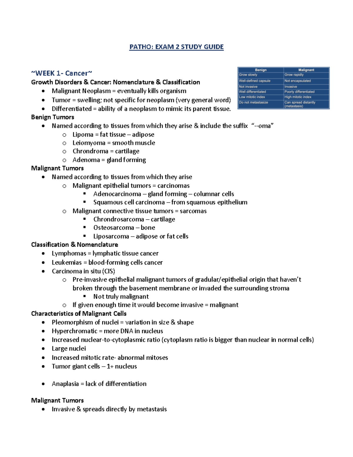 Patho-exam 2 study guide - PATHO: EXAM 2 STUDY GUIDE WEEK 1- Cancer Growth Disorders & Cancer ...
