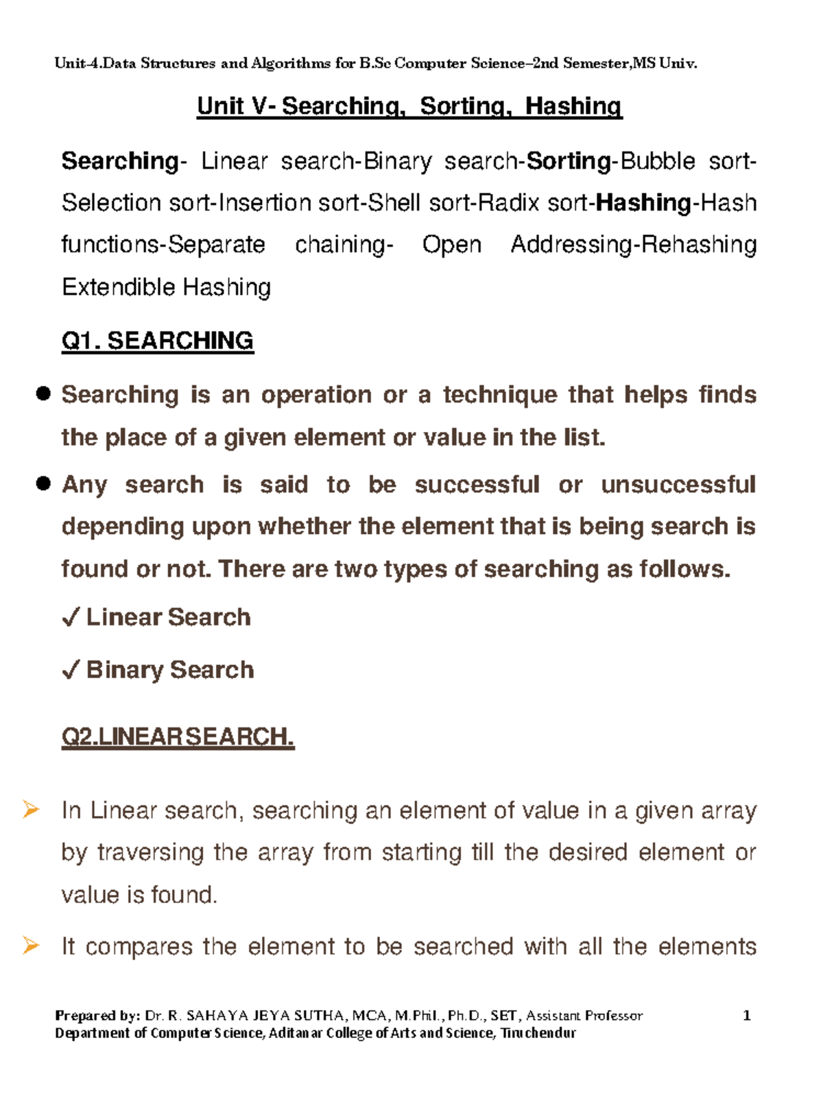 Data Structures: Searching, Sorting, and Hashing for B.Sc Computer - Studocu