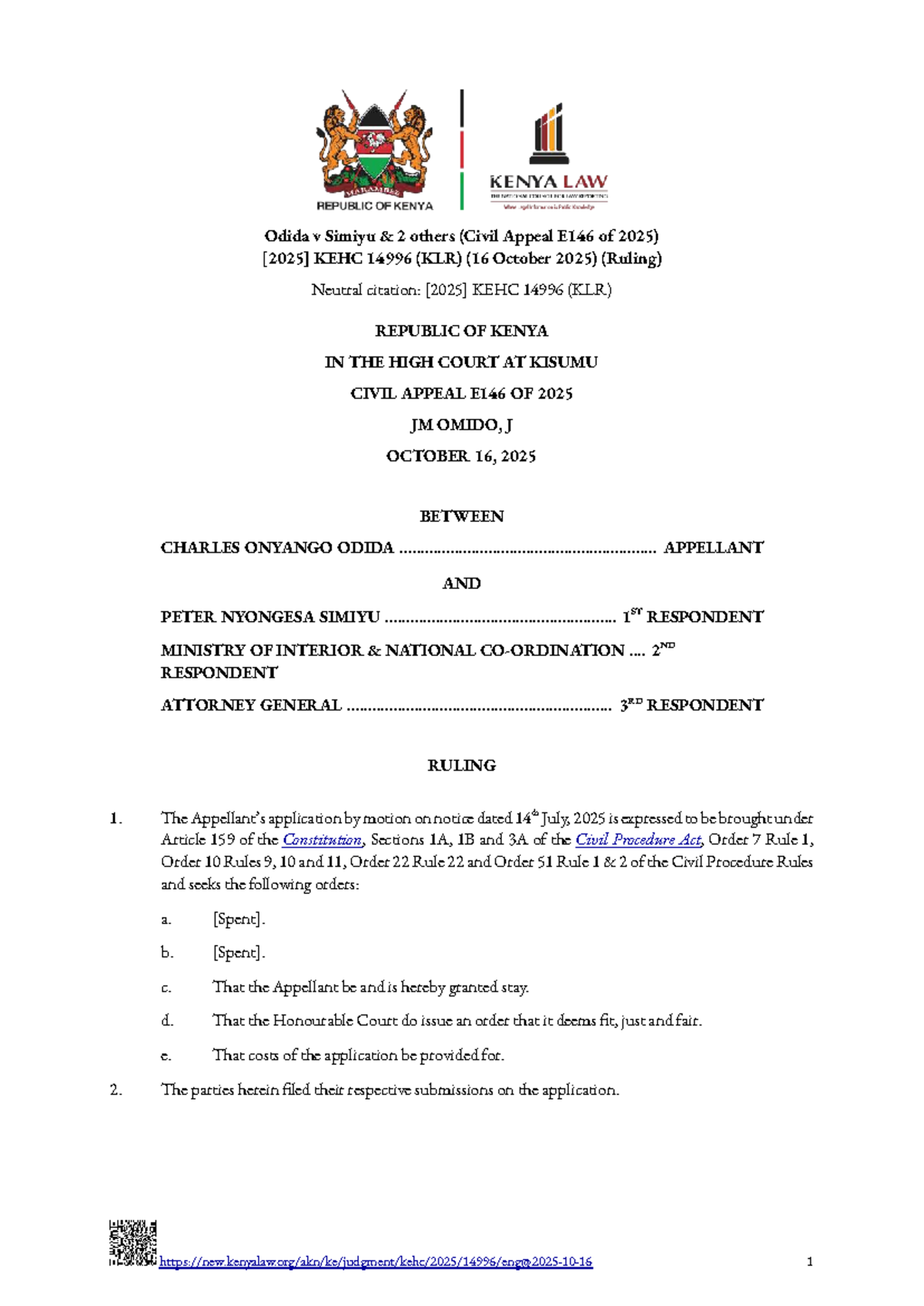 Odida v Simiyu & Others (Civil Appeal E146/2025) - Ruling Summary - Studocu