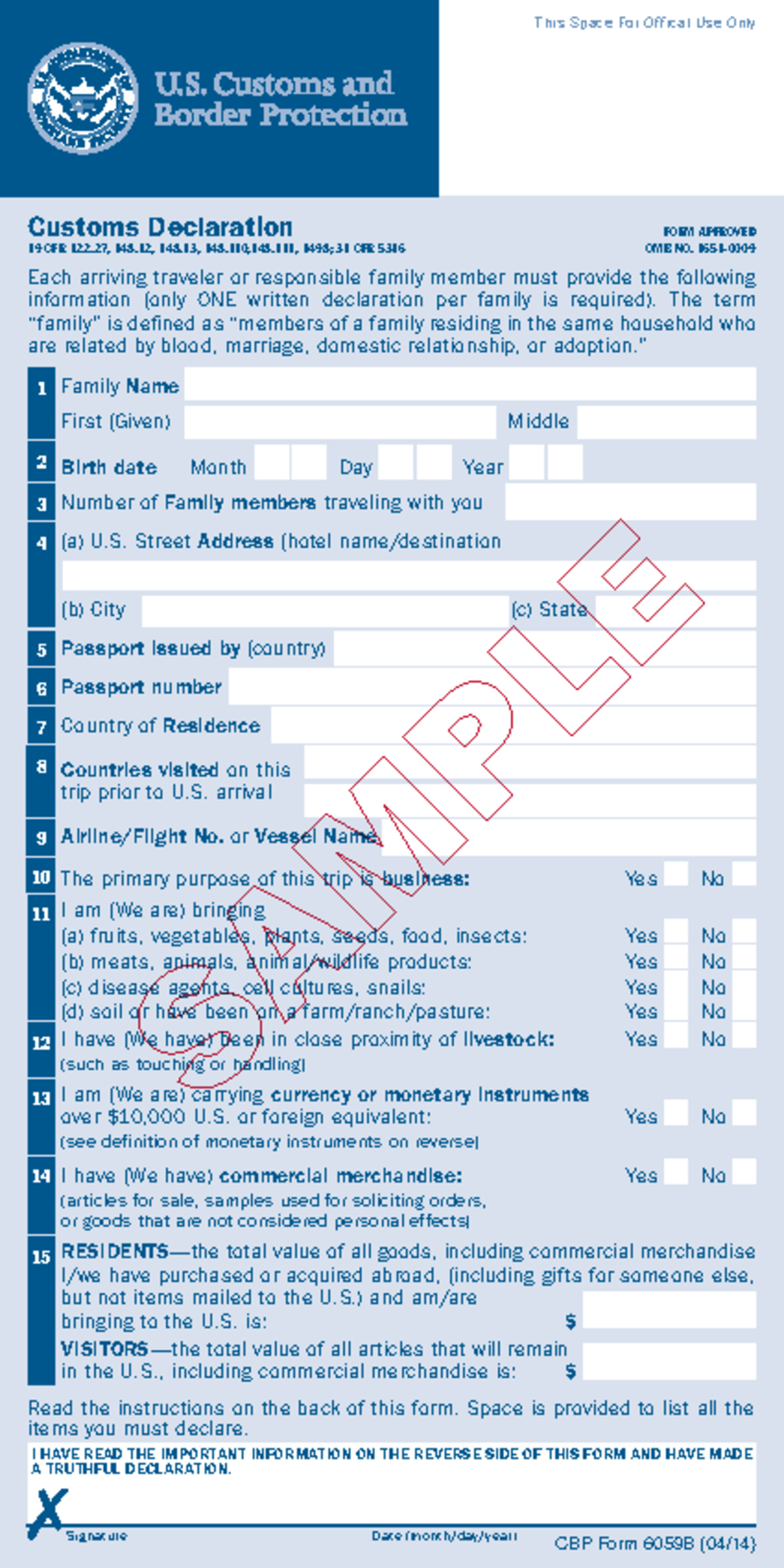 CBP Form 6059B Customs Declaration - Sample with Watermark - Studocu