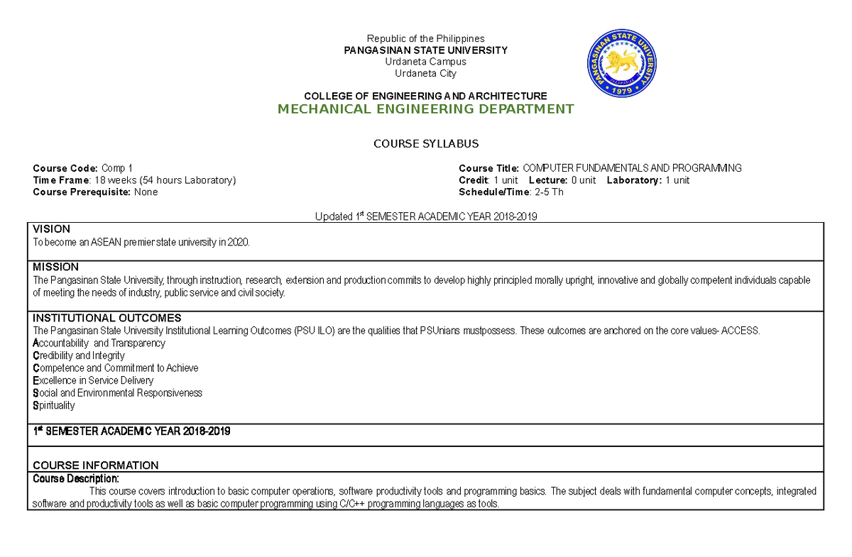 Comp 1 Syllabus: Computer Fundamentals & Programming - 1st Sem - Studocu