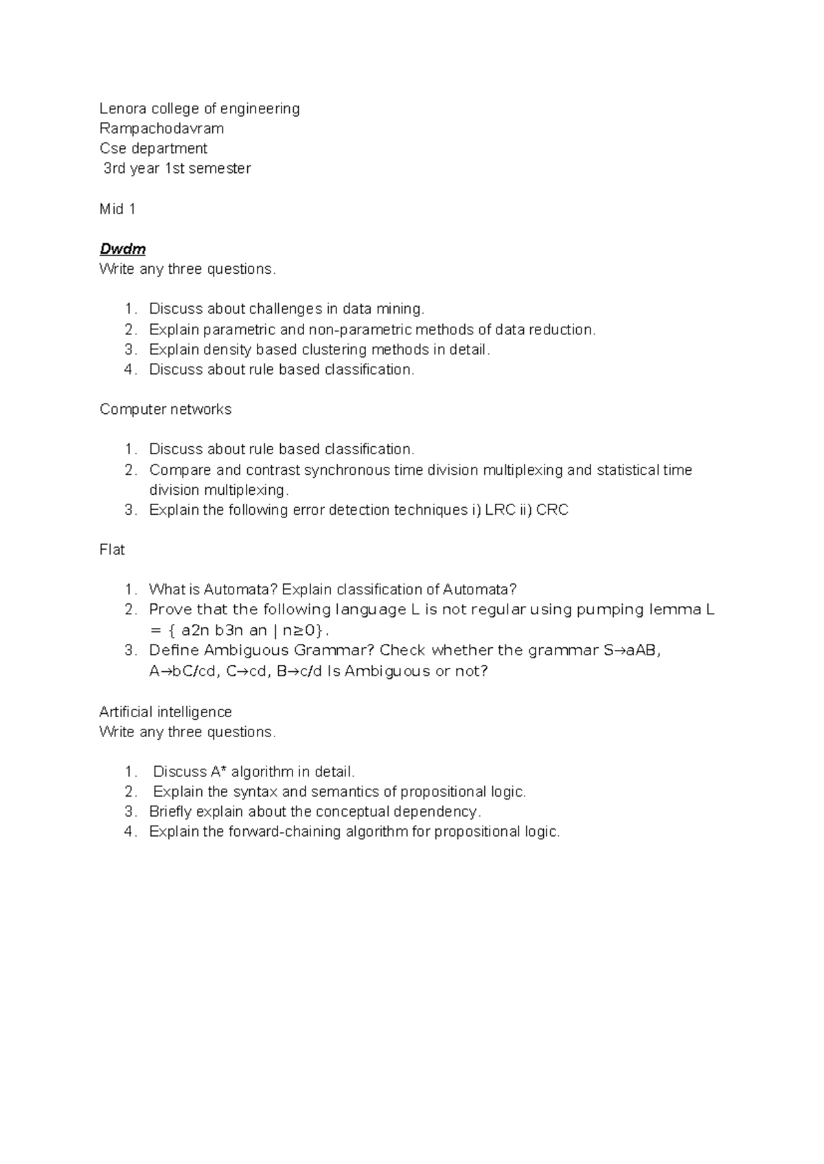 CSE 3rd Year 1st Sem Mid 1 Questions & Topics Overview 2025-2026 - Studocu