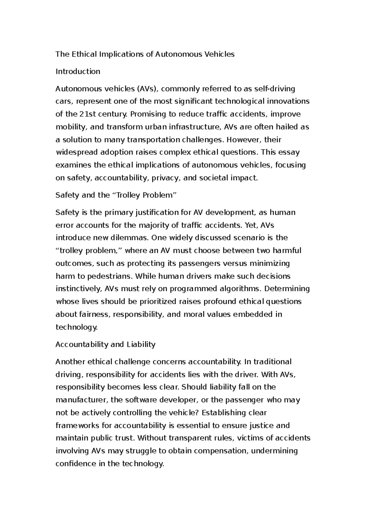 Ethical Implications of AVs: Safety, Accountability & Impact - Studocu