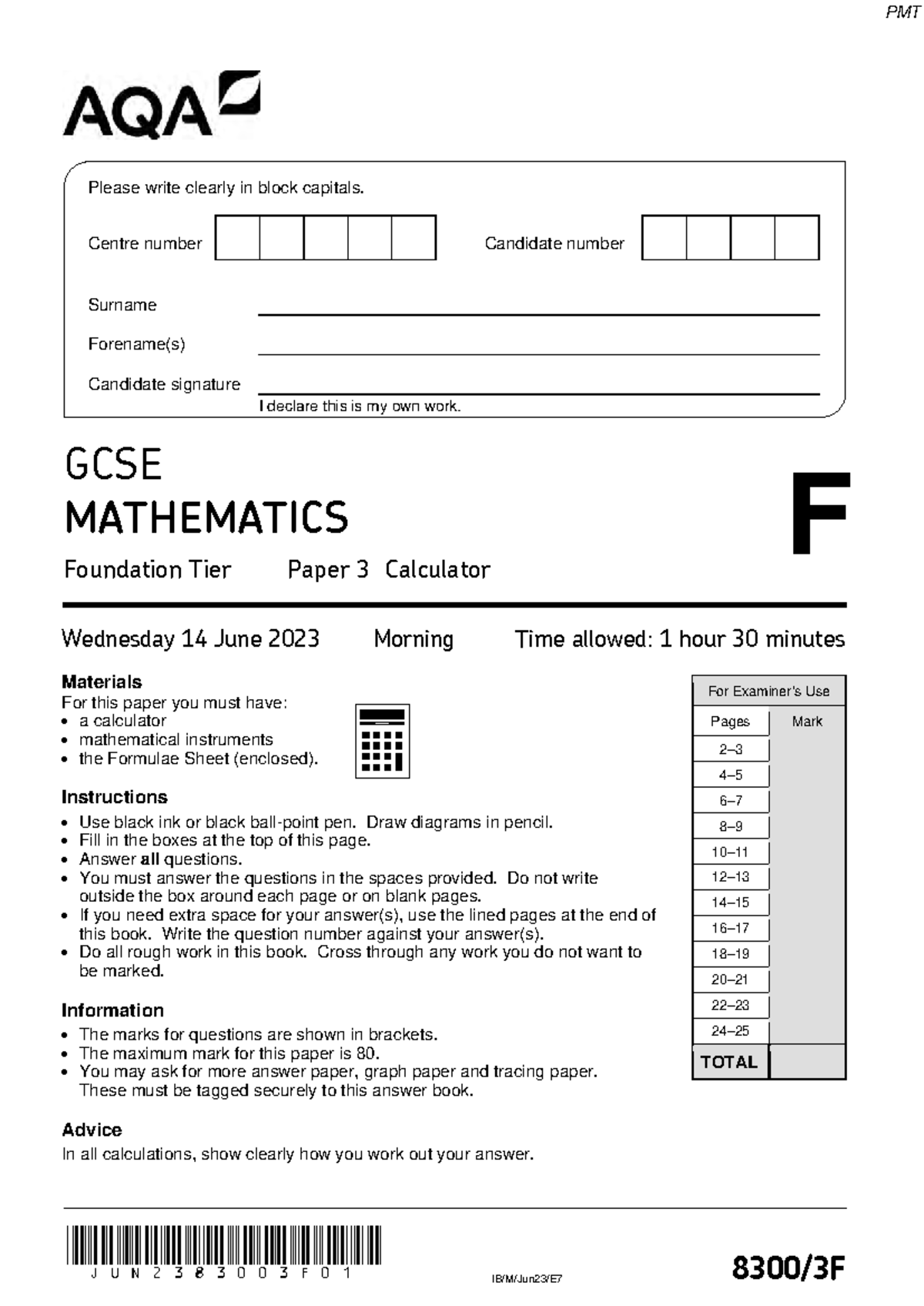 GCSE MATHEMATICS Foundation Tier F Paper 3 Calculator - June 2023 - Studocu