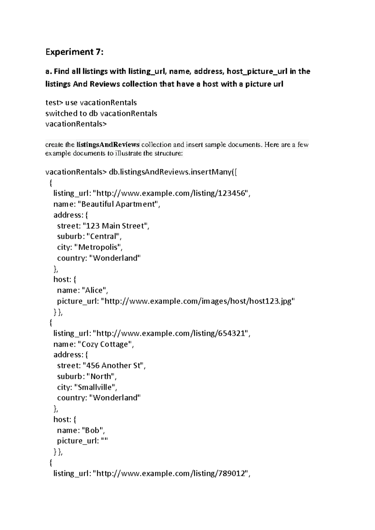 MongoDB Experiment 7: Listings & Reviews with Host Picture URLs - Studocu