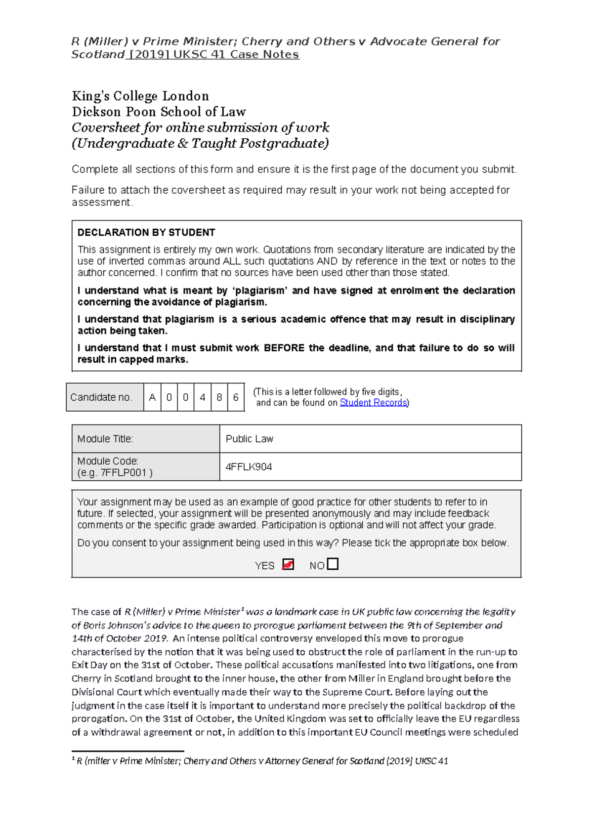Public Law Case Note: R (Miller) v Prime Minister [2019] UKSC 41 - Studocu