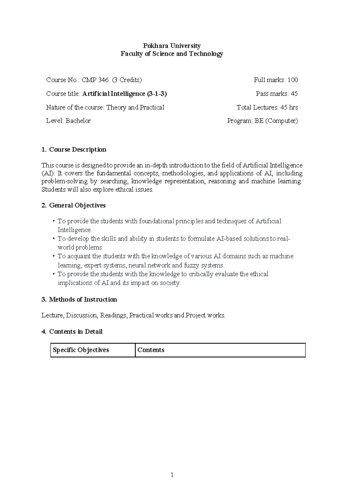Artificial Intelligence Syllabus - CMP 346 (BE Computer) - Studocu