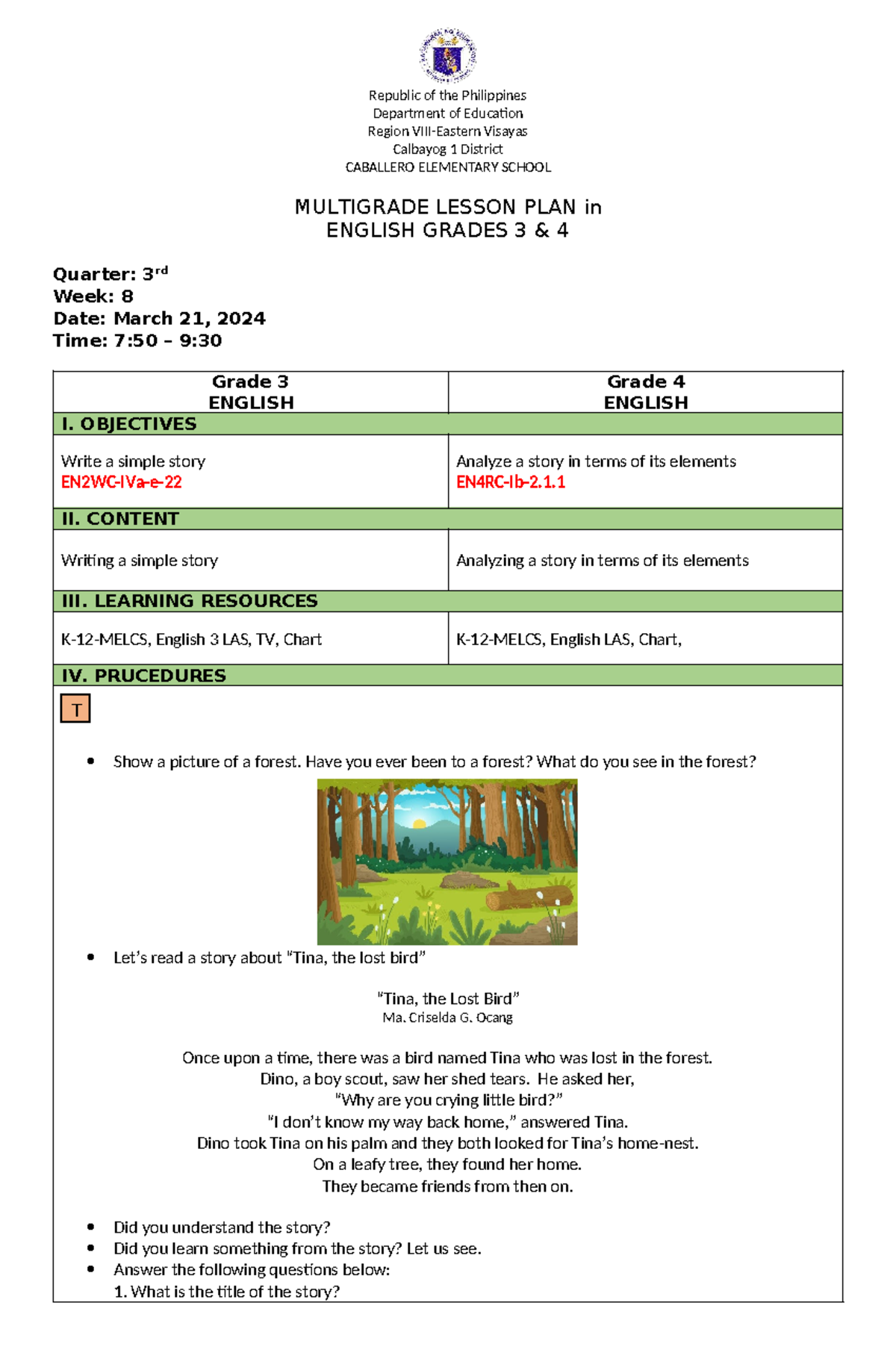 COT-MG-Lesson Plan: English Multigrade for Grades 3 & 4 - Week 8 - Studocu