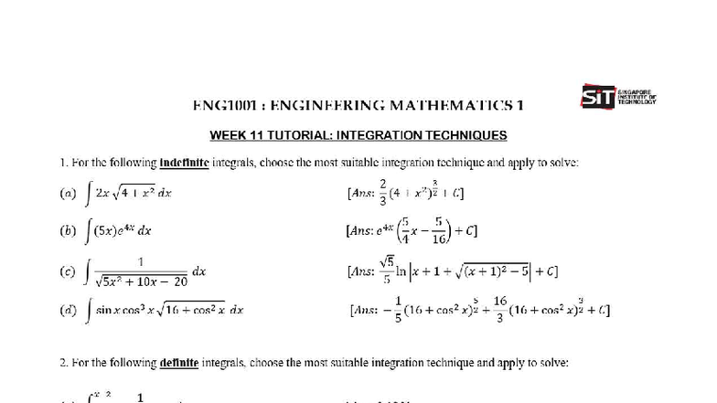 ENG1001: Engineering Mathematics 1 Week 11 Tutorial on Integration ...