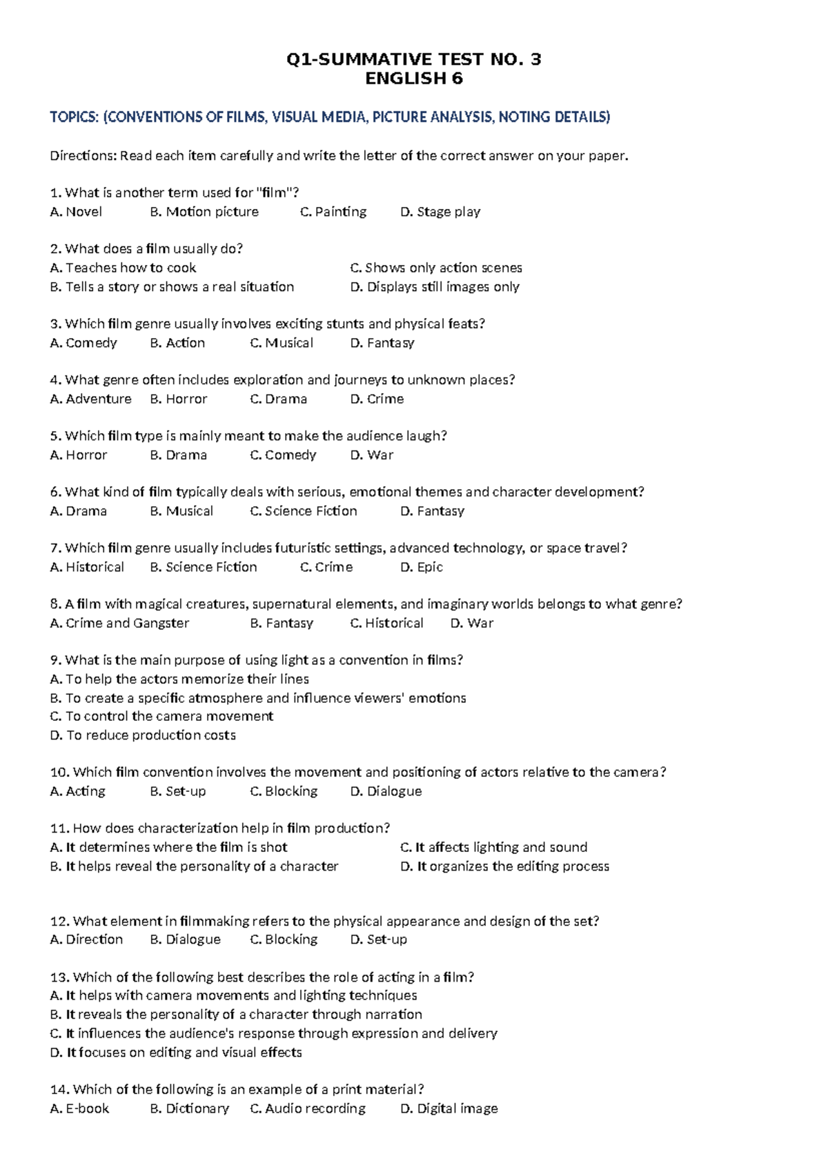 Q1-ENG 6-SUM TEST 3 - Visual Media & Film Conventions Analysis - Studocu