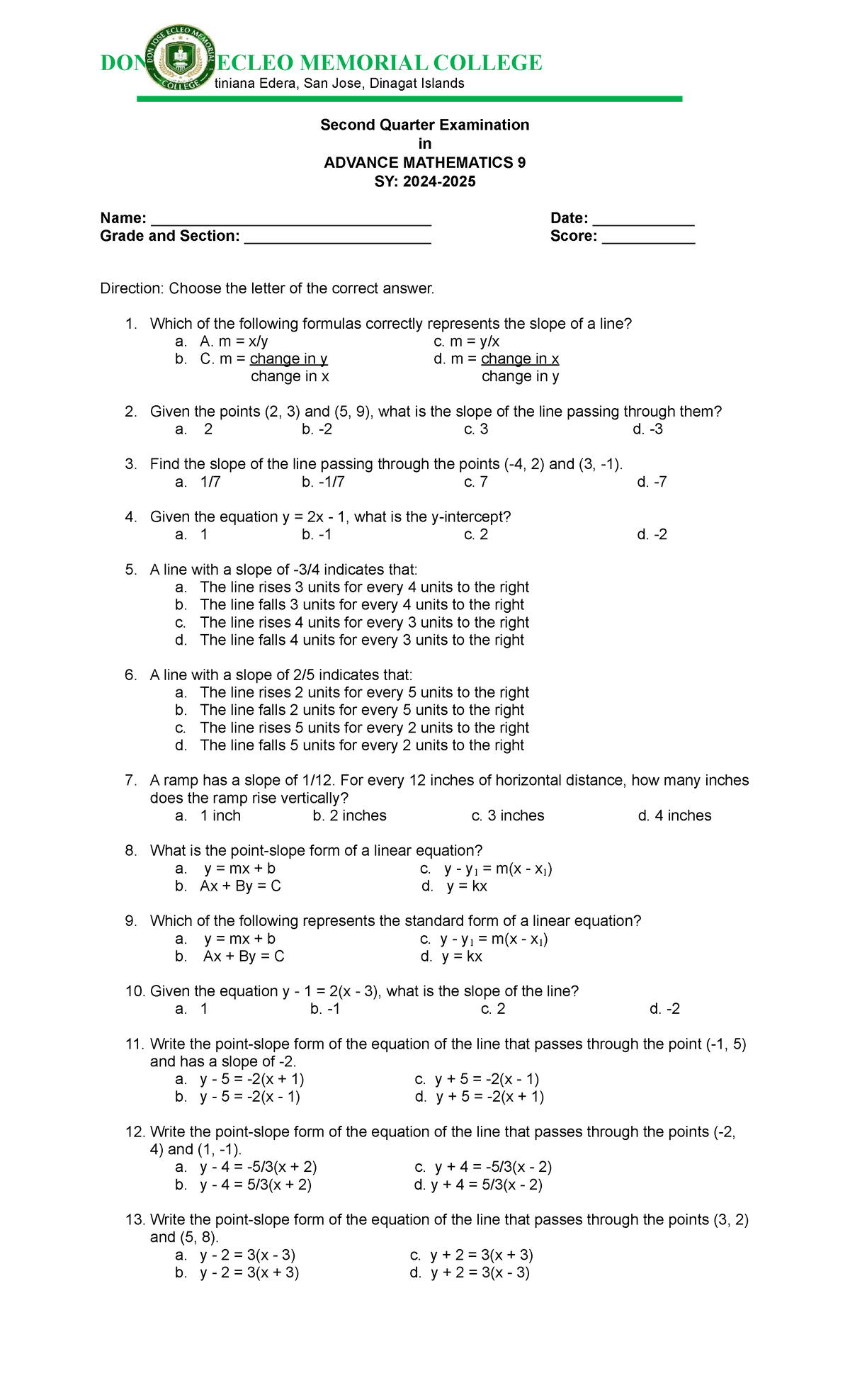 ADV. MATH TQ final - Test Questionnaire - P-5 Justiniana Edera, San ...