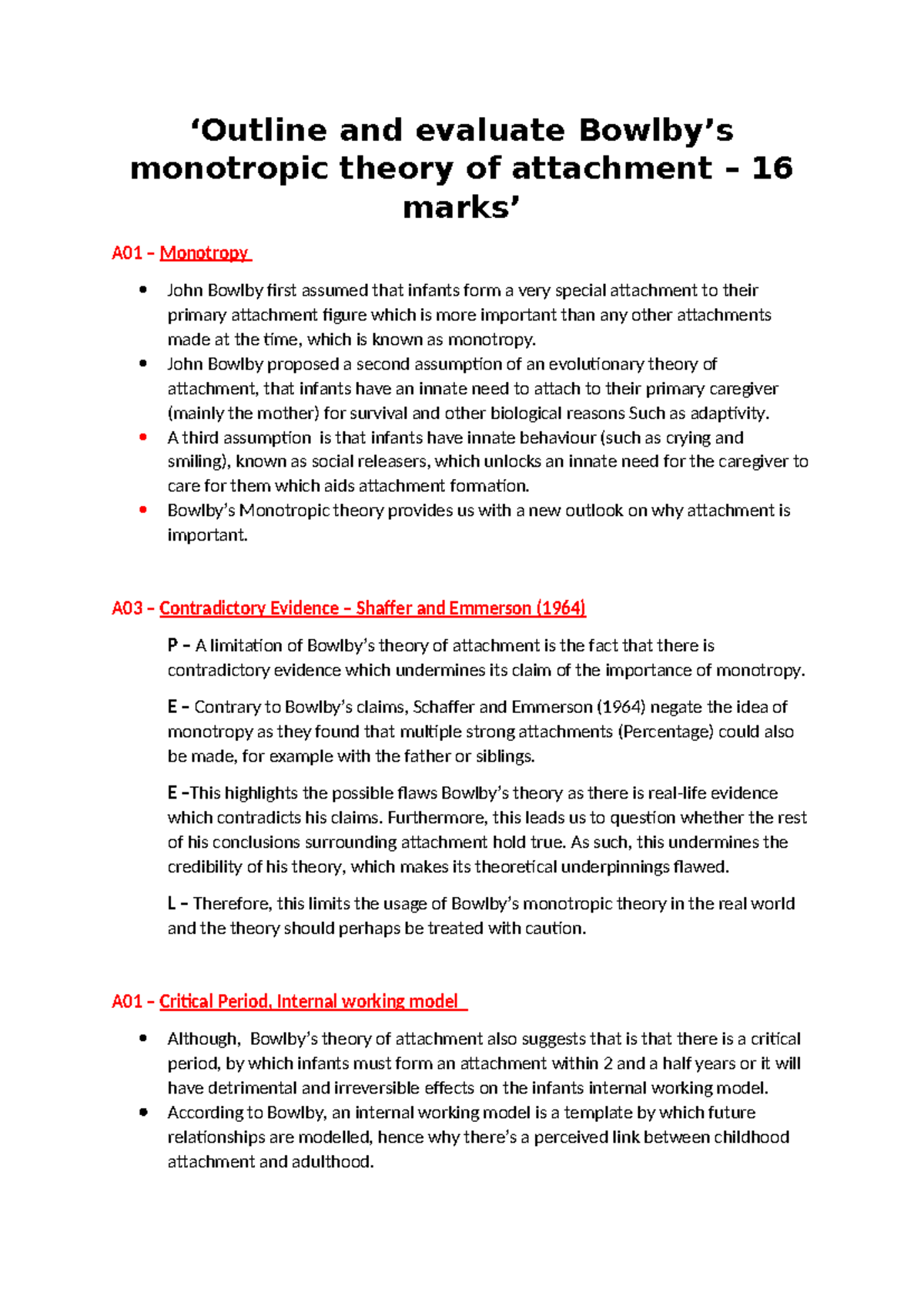 Psychology Essay Plan - Evaluating Bowlby's Monotropic Theory - Studocu