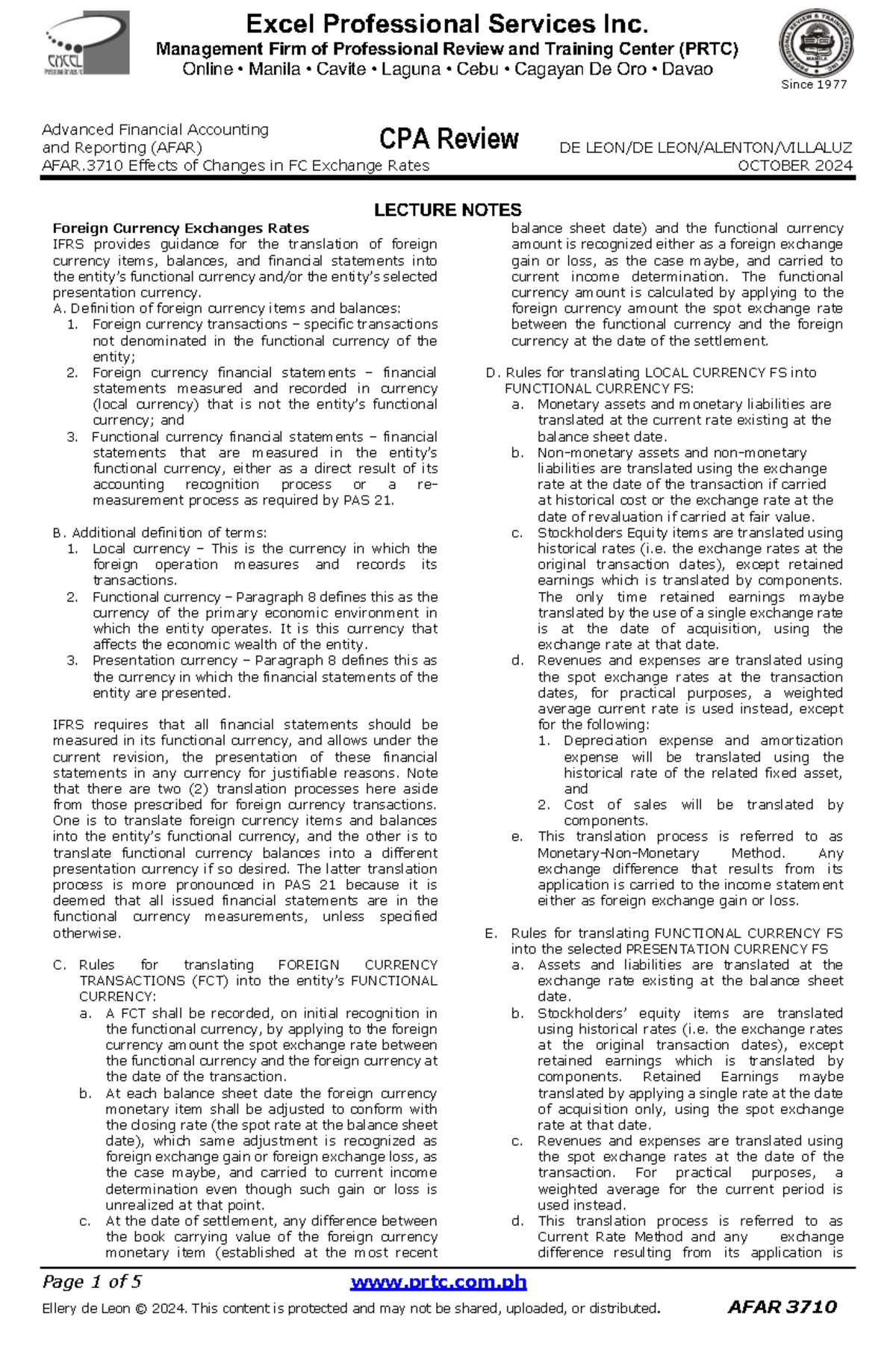 AFAR 3710 Lecture Notes on Effects of Changes in FC Exchange Rates ...