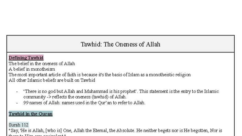 Tawhid (Islam 101): Understanding the Oneness of Allah - Studocu