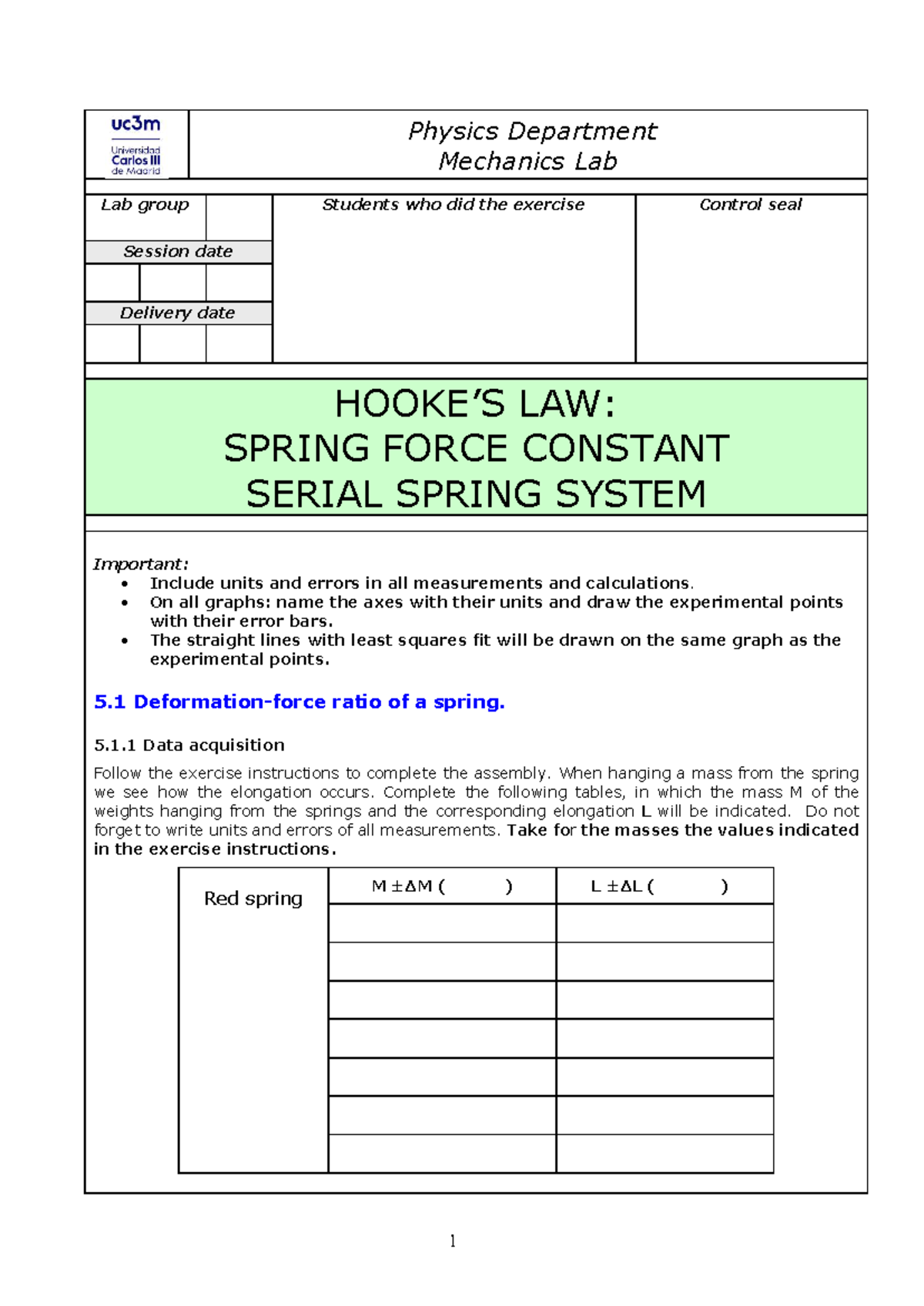 Physics 101 Mechanics Lab: Spring Force Constant Analysis - Studocu