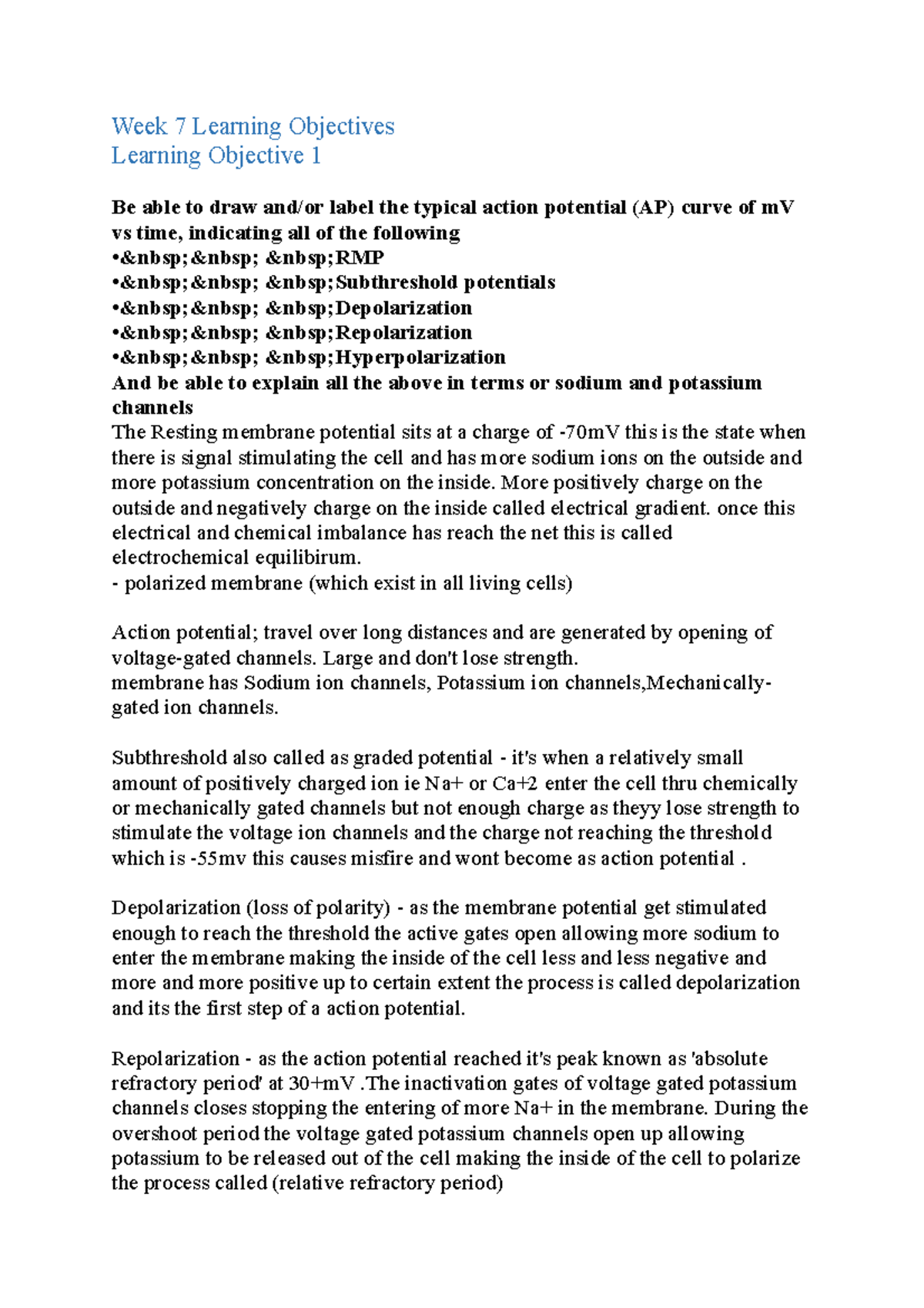 CTR Week 7 Action Potential & Nerve Transmission Learning Objectives ...