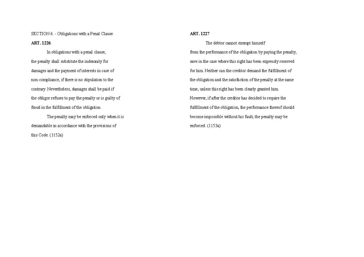 Section 6: Obligations with Penal Clause - Key Articles Explained - Studocu