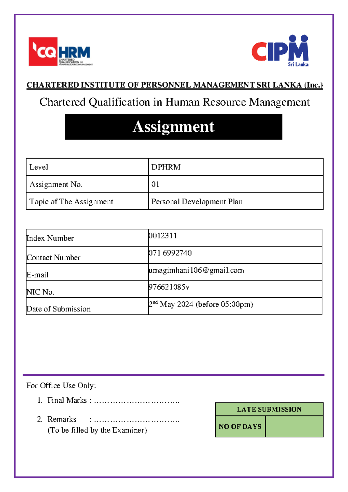 Personal Development Plan for DPHRM Assignment 01 - Studocu