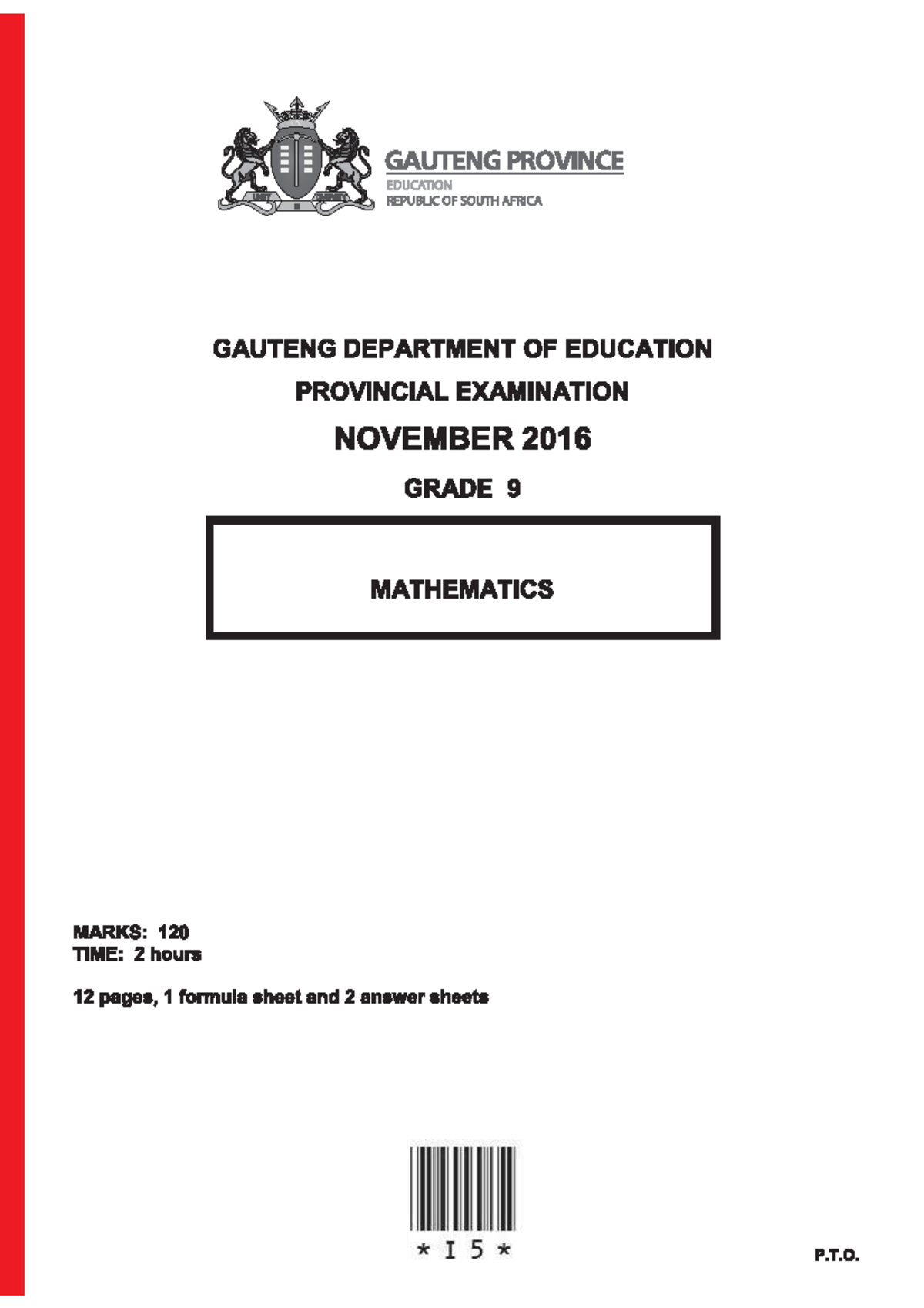 2016 Grade 9 Mathematics Final Exam (GP) - Gauteng Province - Studocu