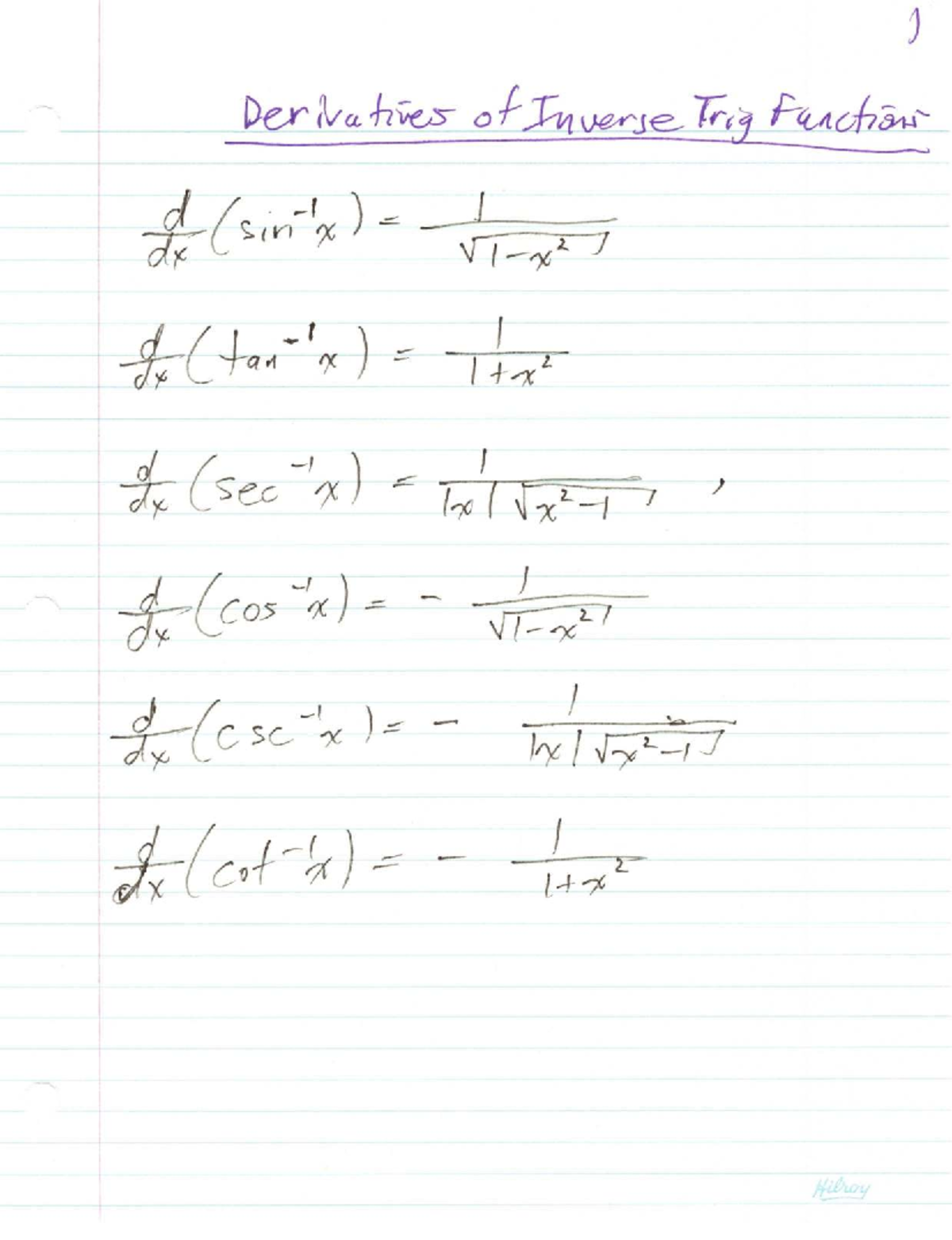 Derivatives of Inverse Trig Functions - Math 101 Final Exam Notes - Studocu