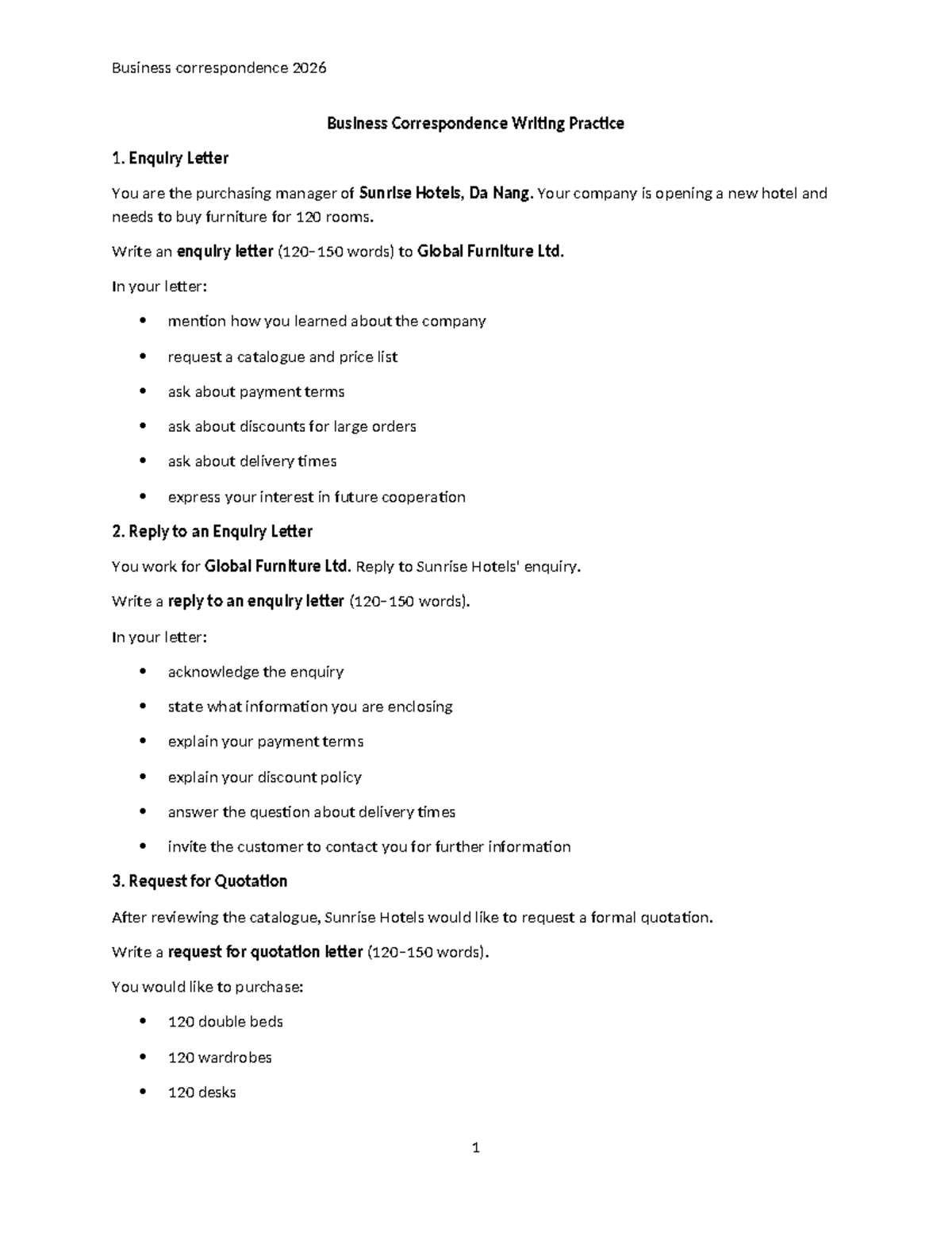 Business Correspondence 2026: Writing Practice & Enquiry Letters - Studocu