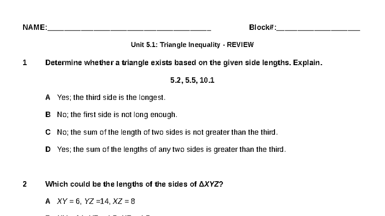 5.1 Triangle Inequality Theorem Review: Determine Triangle Existence ...