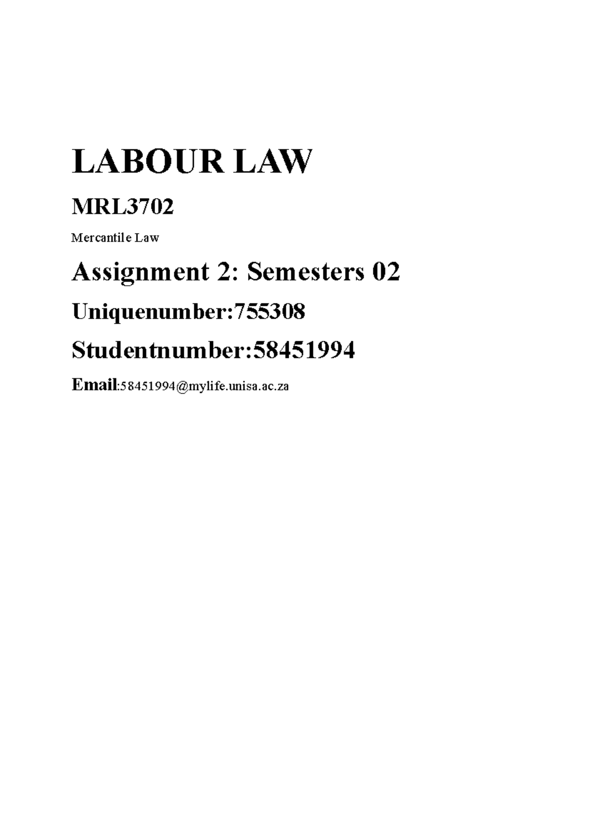 MRL3702 Labour Law Assignment 2: Semester 02 Overview - Studocu