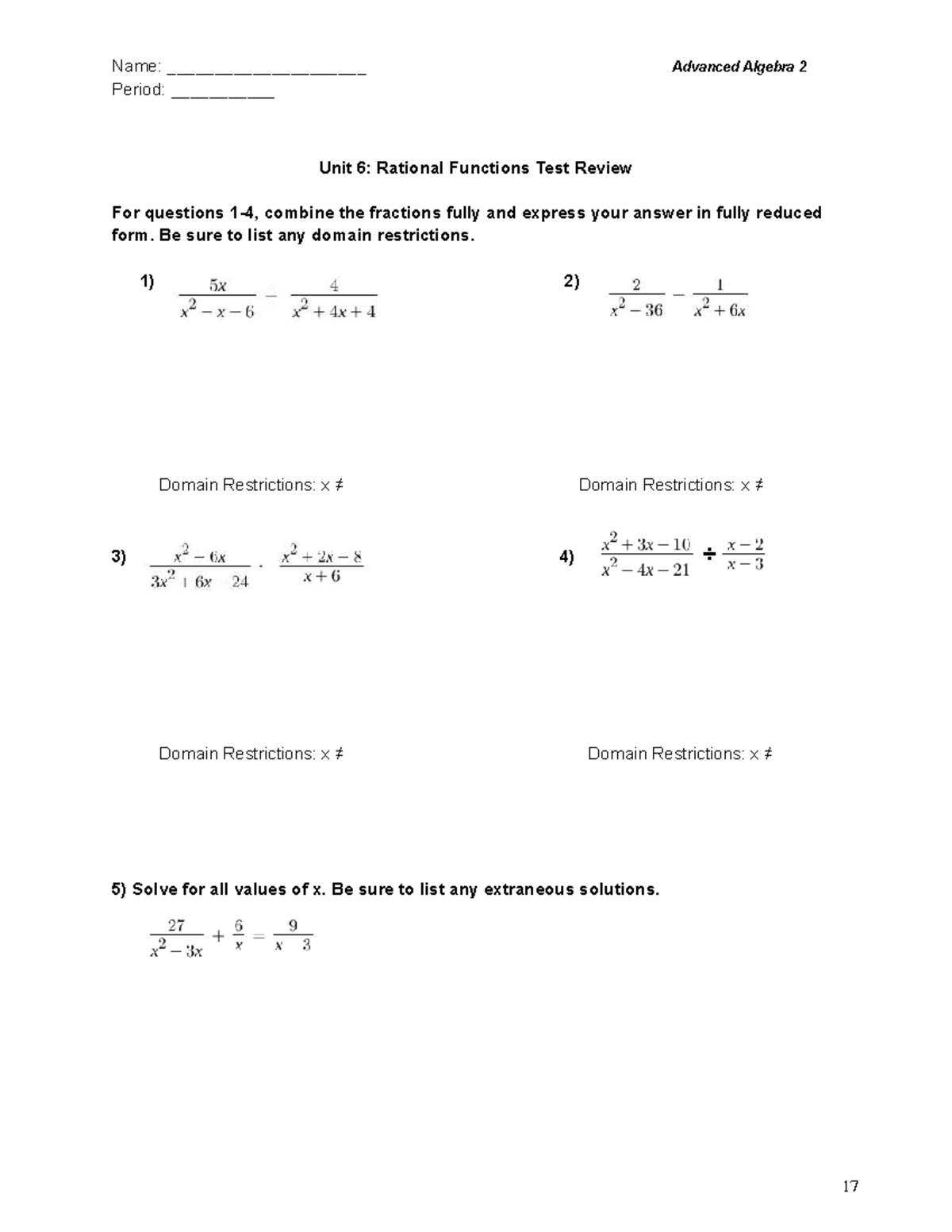 Advanced Algebra 2 Unit 6: Rational Functions Test Review - Studocu