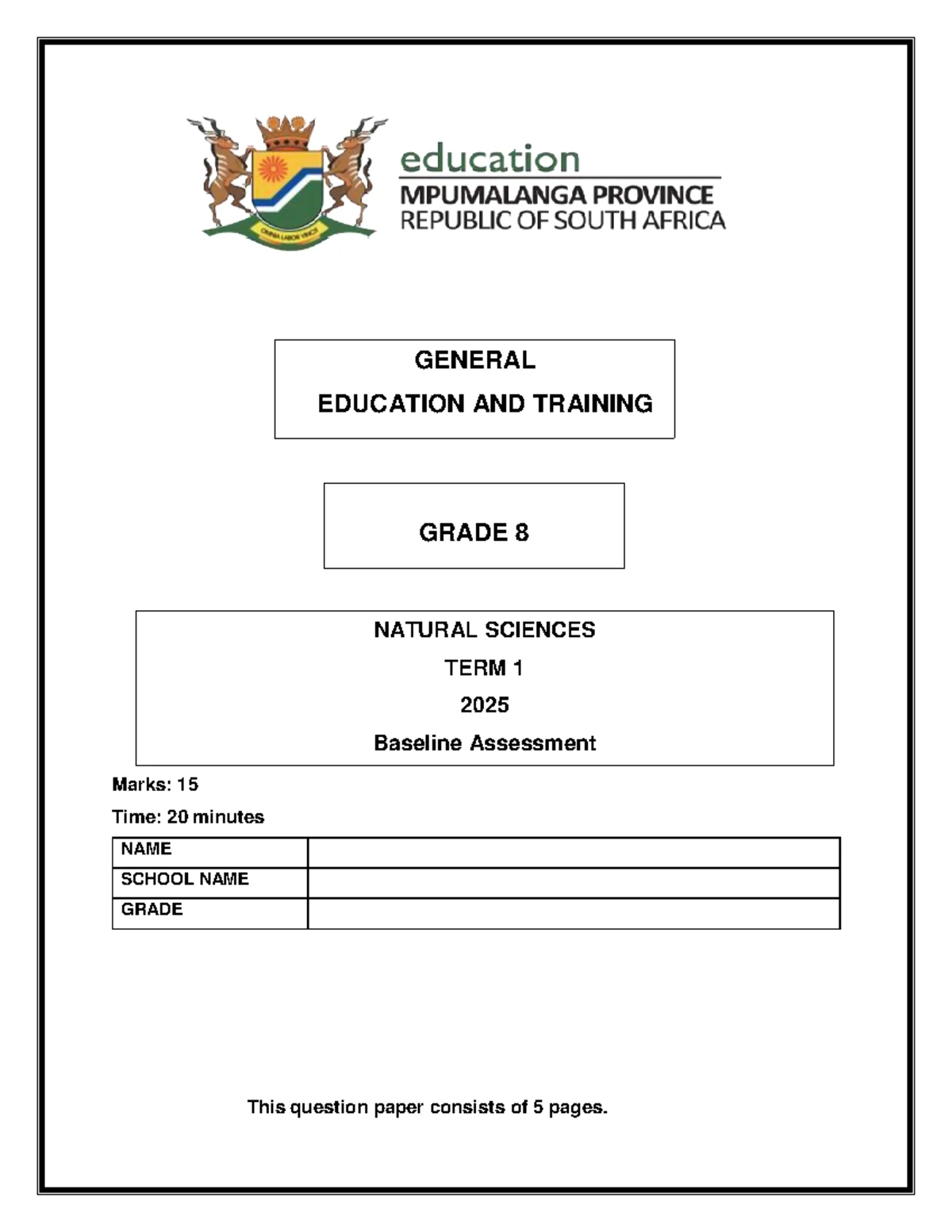 Grade 9 NATURAL SCIENCES TERM 1 Baseline Assessment QP 2025 - Studocu