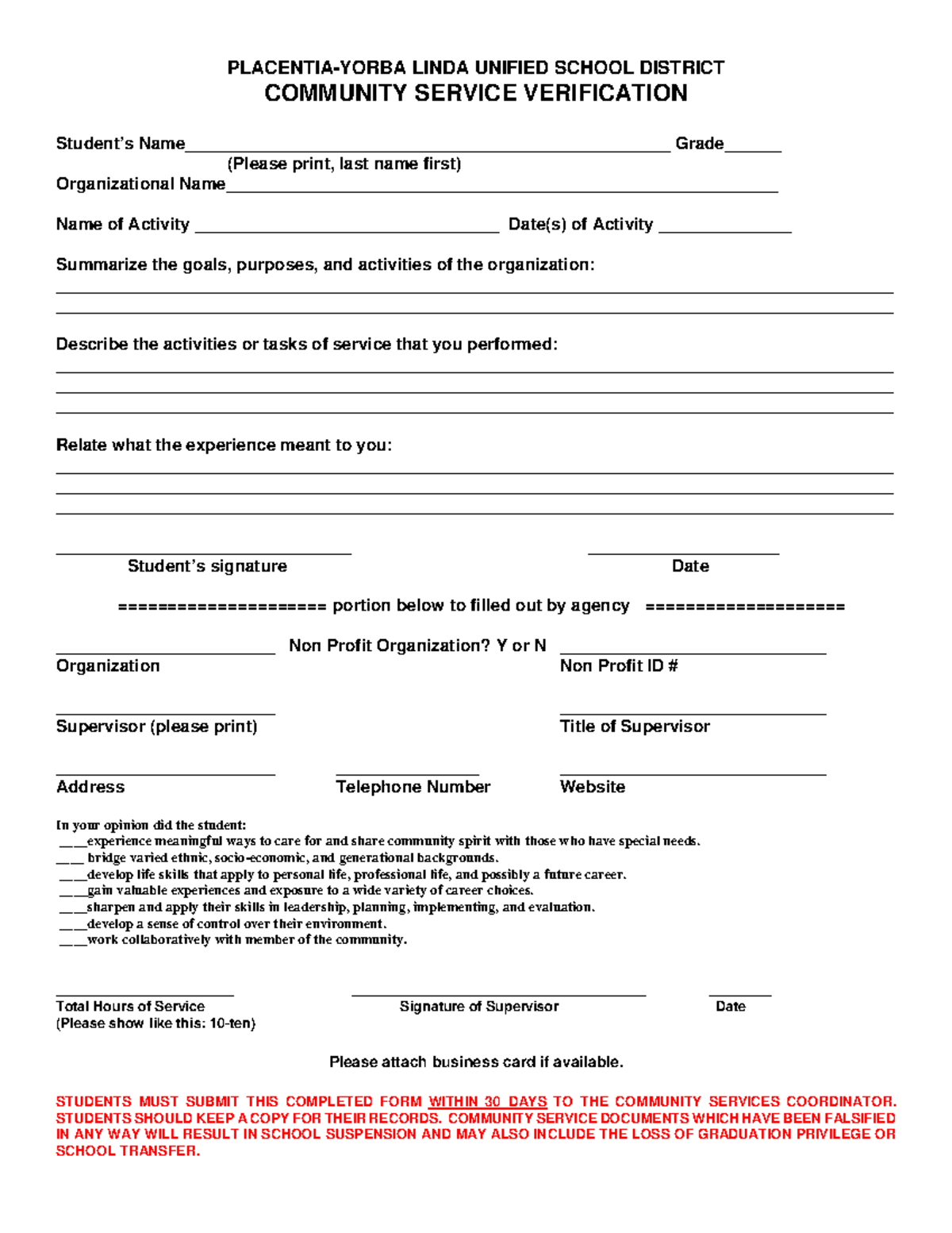 Community Service Verification Form - PLUSD Documentation - Studocu