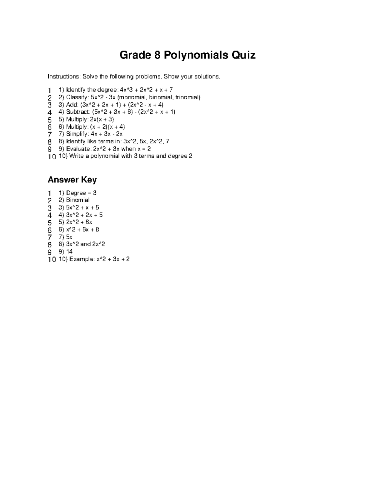 Grade 8 Polynomials Quiz Solutions and Instructions - Studocu