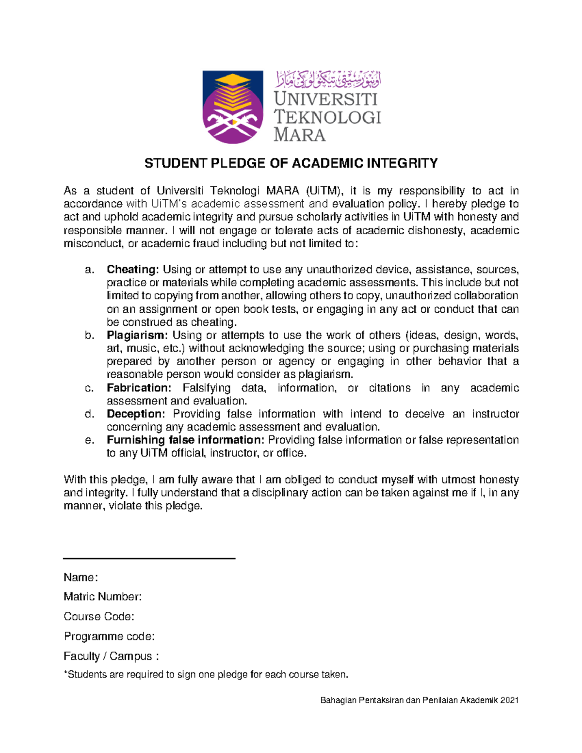 Fillable Student Pledge of Academic Integrity for UiTM Courses 2021 ...