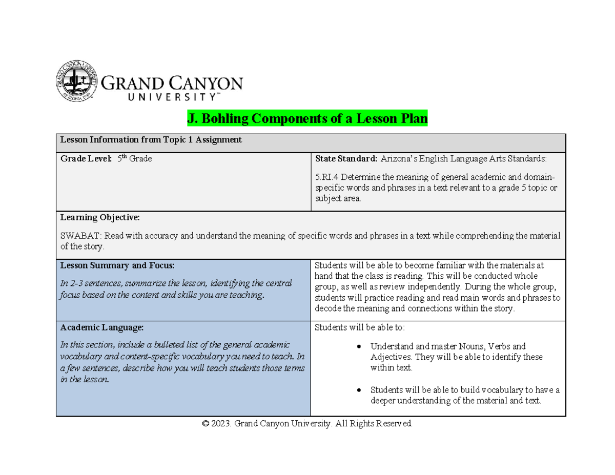 Components of a Lesson Plan for 5th Grade ELA - Assignment Overview ...