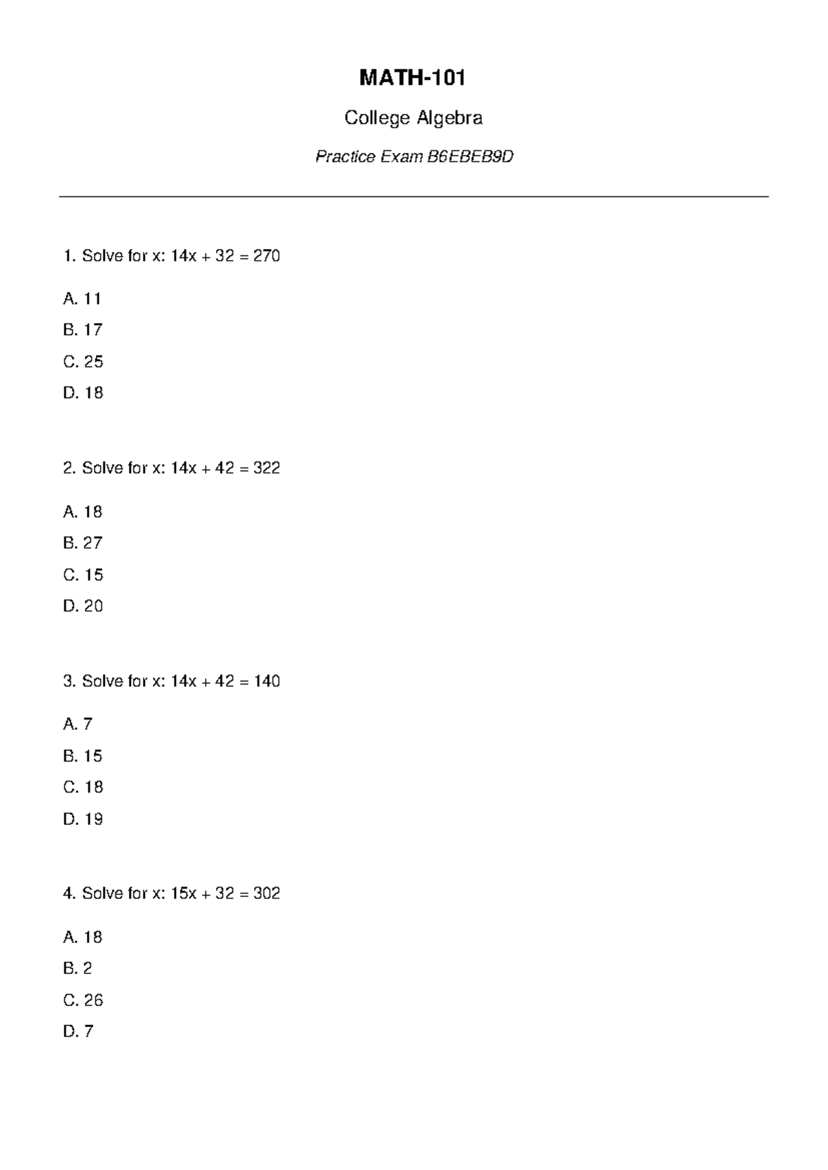 MATH-101 College Algebra Practice Exam Solutions - Studocu