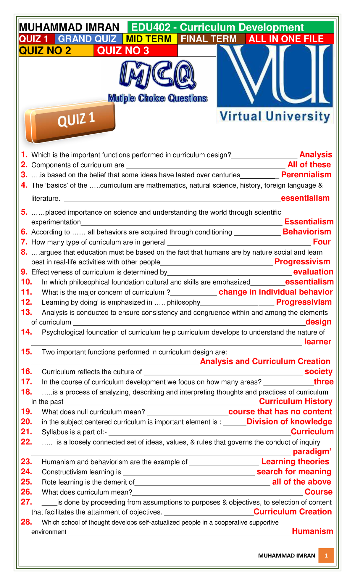 EDU402 Midterm & Final Quiz Compilation on Curriculum Development - Studocu