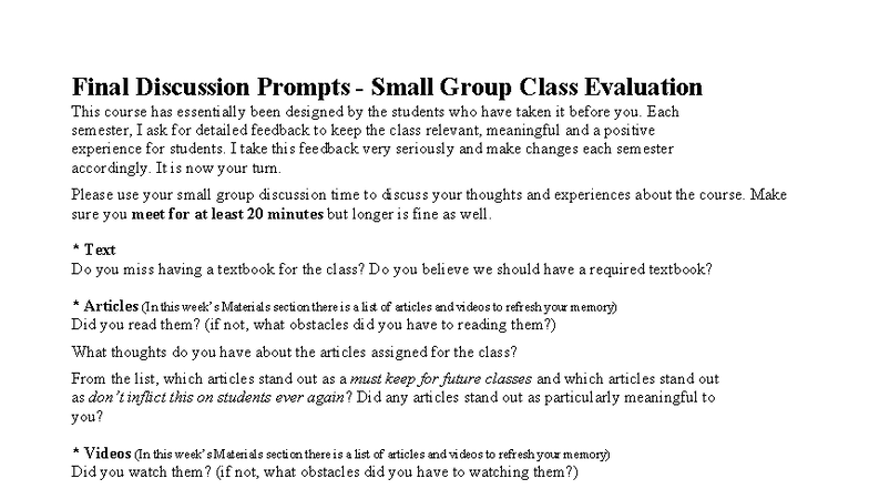 Final Discussion Prompts for Small Group Evaluation (Course Code) - Studocu