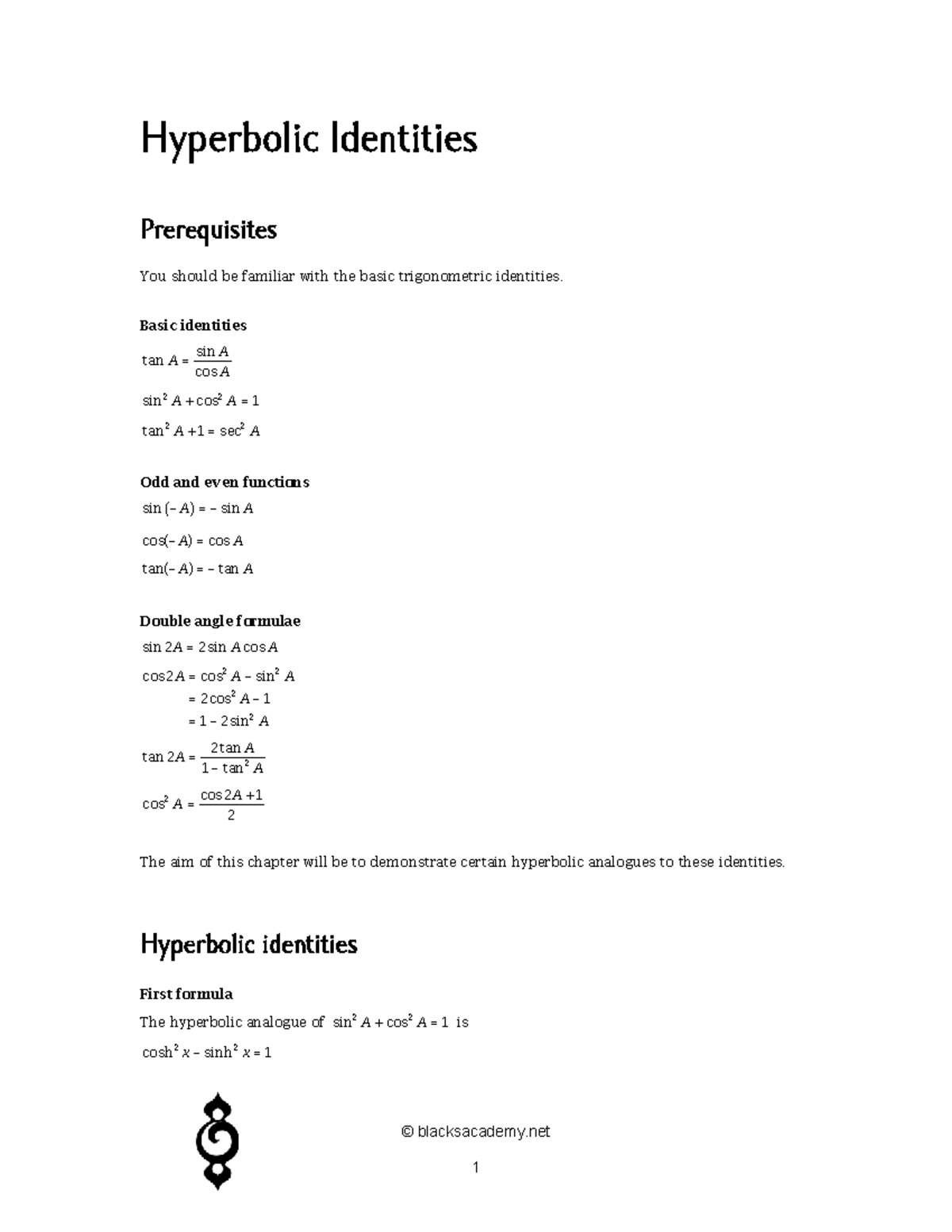 Hyperbolic identities and their trigonometric analogues - Studocu
