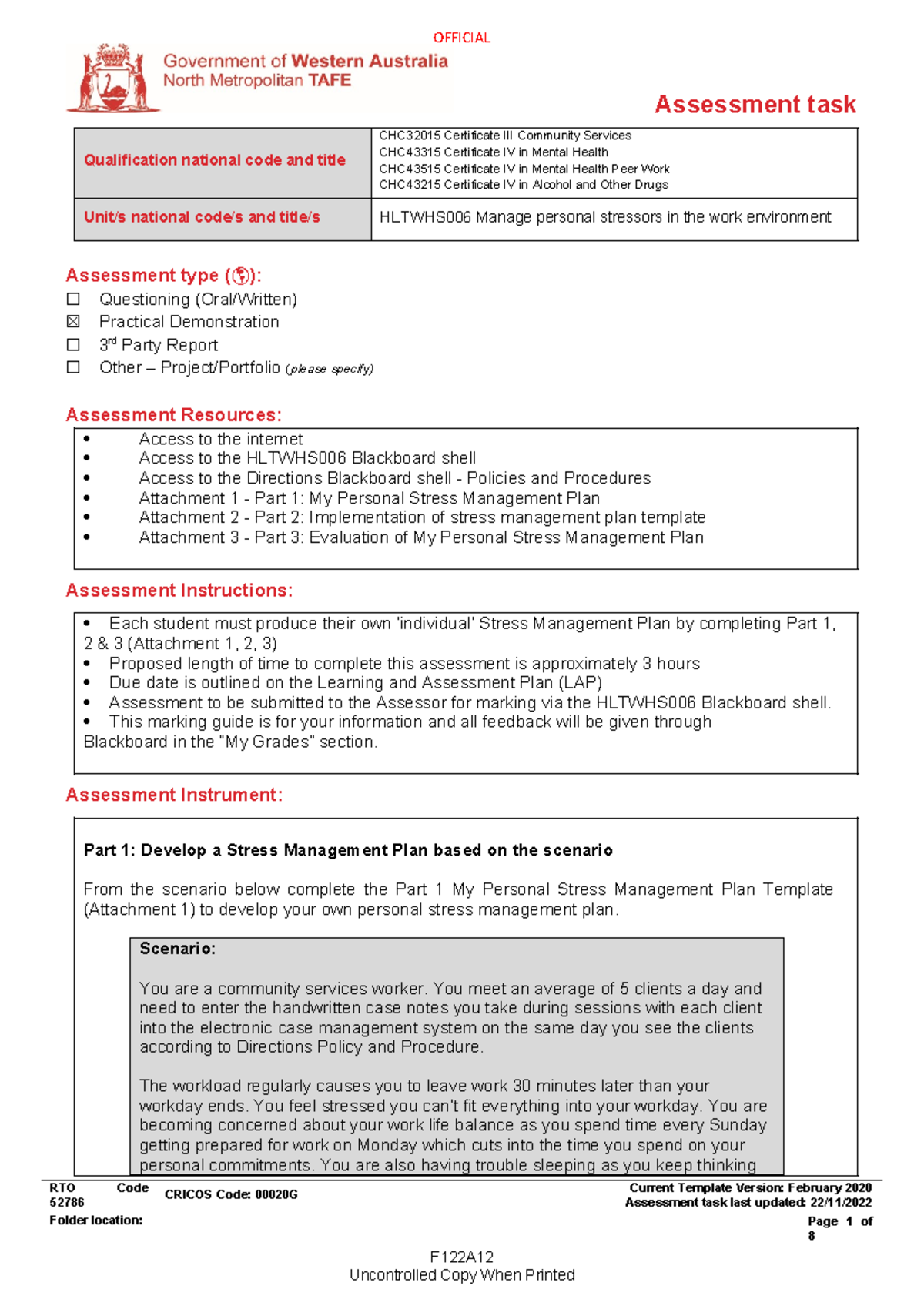 Assessment Task HLTWHS006 - Stress Management Plan for CHC32015 Cert ...