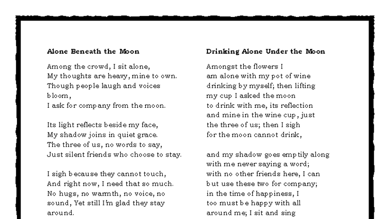 Poem Analysis: "Drinking Alone Under the Moon" - Studocu