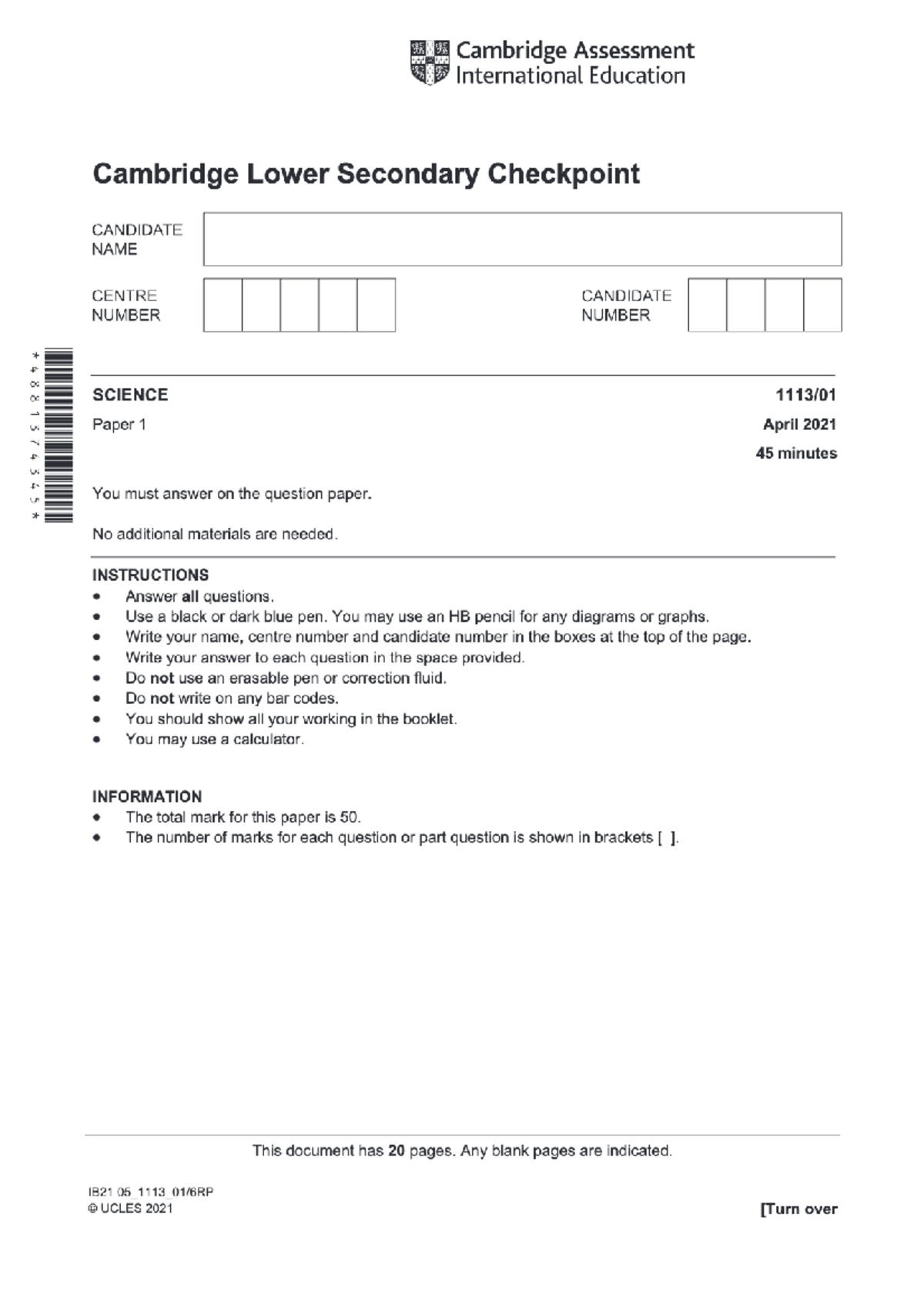 Science Paper 1 - Cambridge Lower Secondary Checkpoint (April 2021 ...