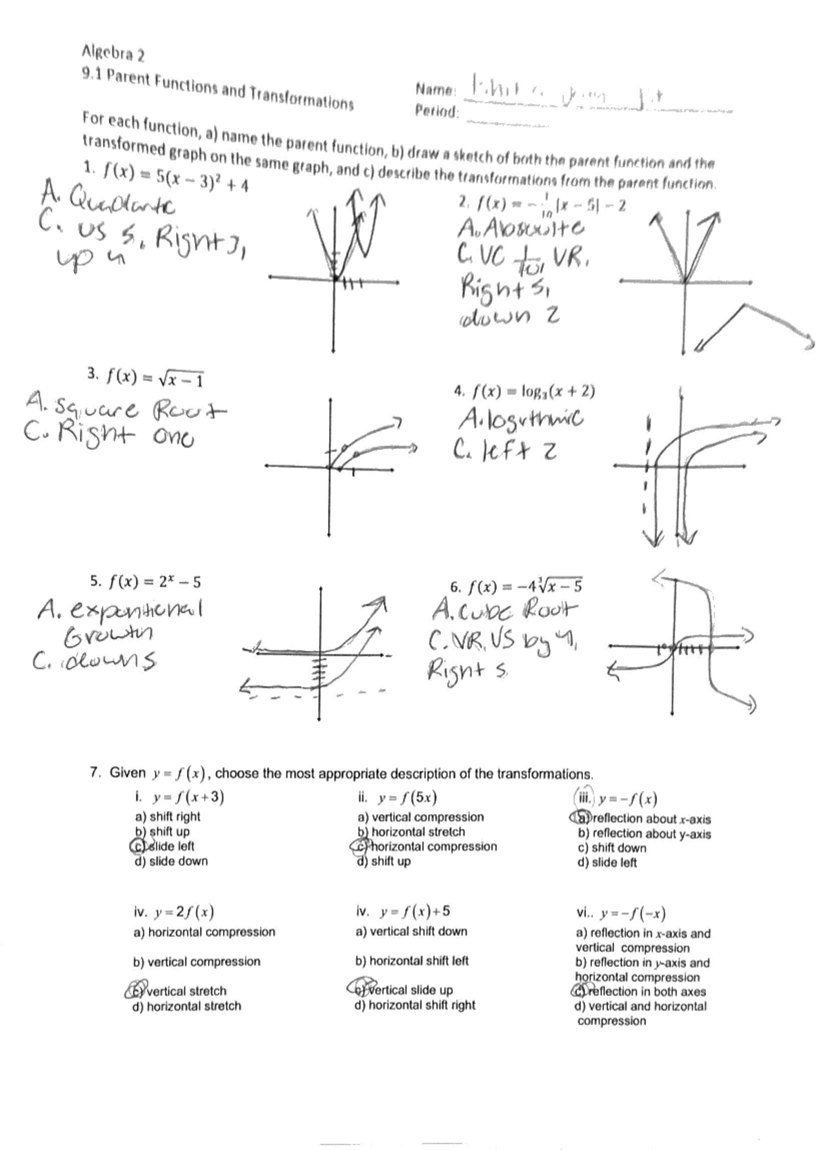 Algebra 3 Class Notes: Parent Functions & Transformations - Studocu