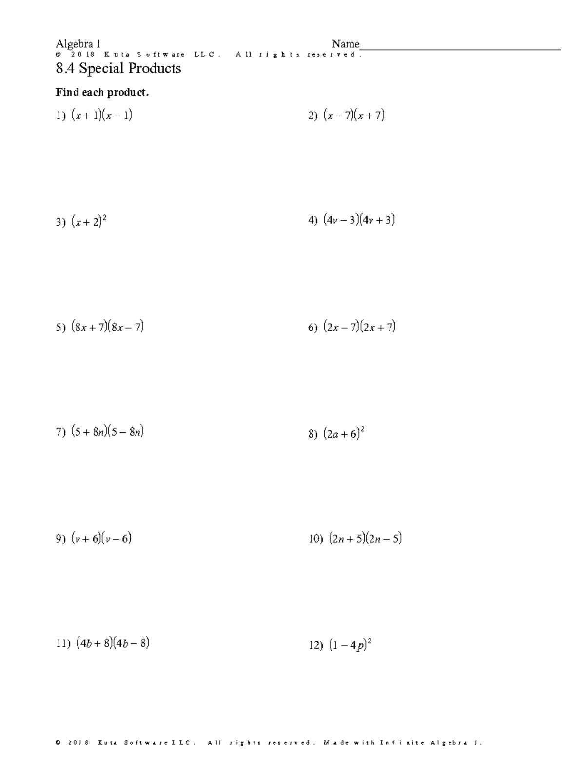 Algebra 1: 8.4 Special Products Worksheet - Kuta Software - Studocu