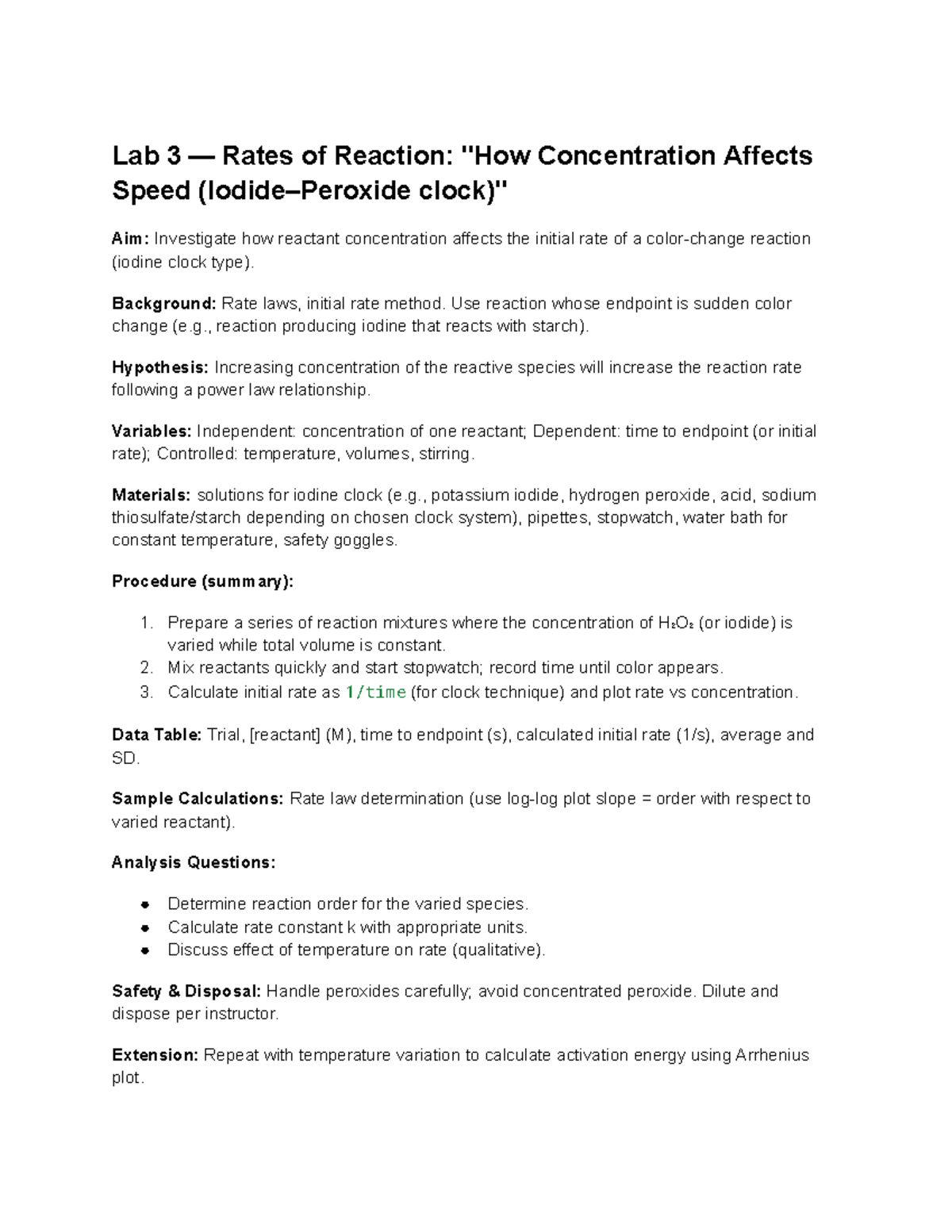 Lab 3: Rates of Reaction - How Concentration Affects Speed (Iodine ...